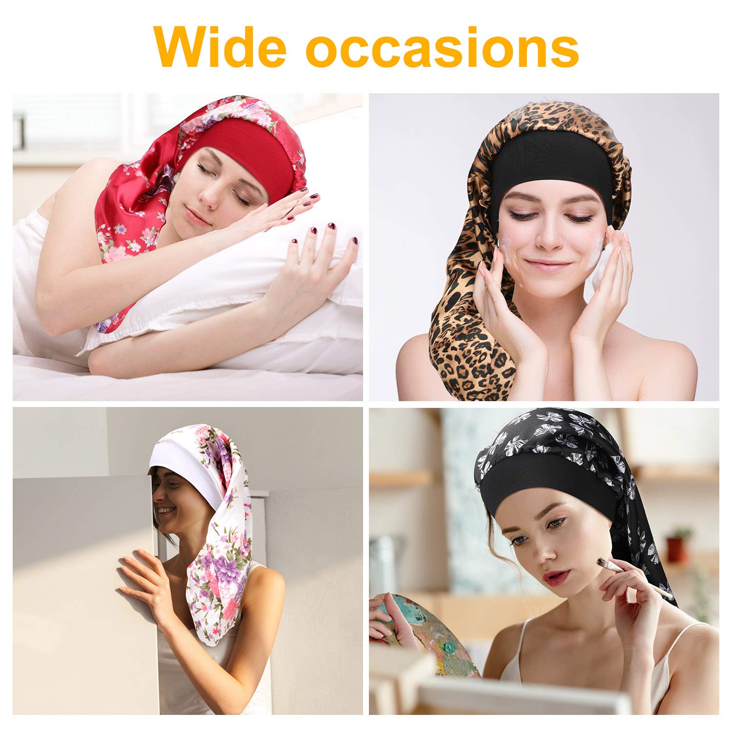 SATINIOR 6 Pcs Long Hair Satin Bonnet for Sleeping Extra Large Sleep Braid Bonnet Elastic Band Silk Night Sleep Hat for Women Long Curly Hair Braids Multi