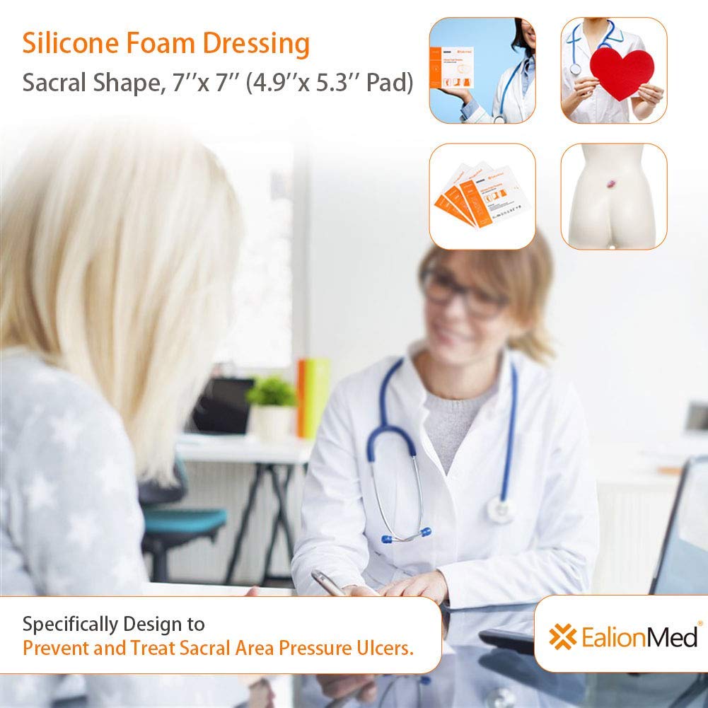 Sacral Silicone Foam Dressing with Border for Sacrum Ulcer, Pressure Ulcer, Butt Bed Sore, Size 7''x7''(4.9''x5.3'' Pad), Painless Removal High Absorbency, Bedsore Wound Bandage,5 Pack