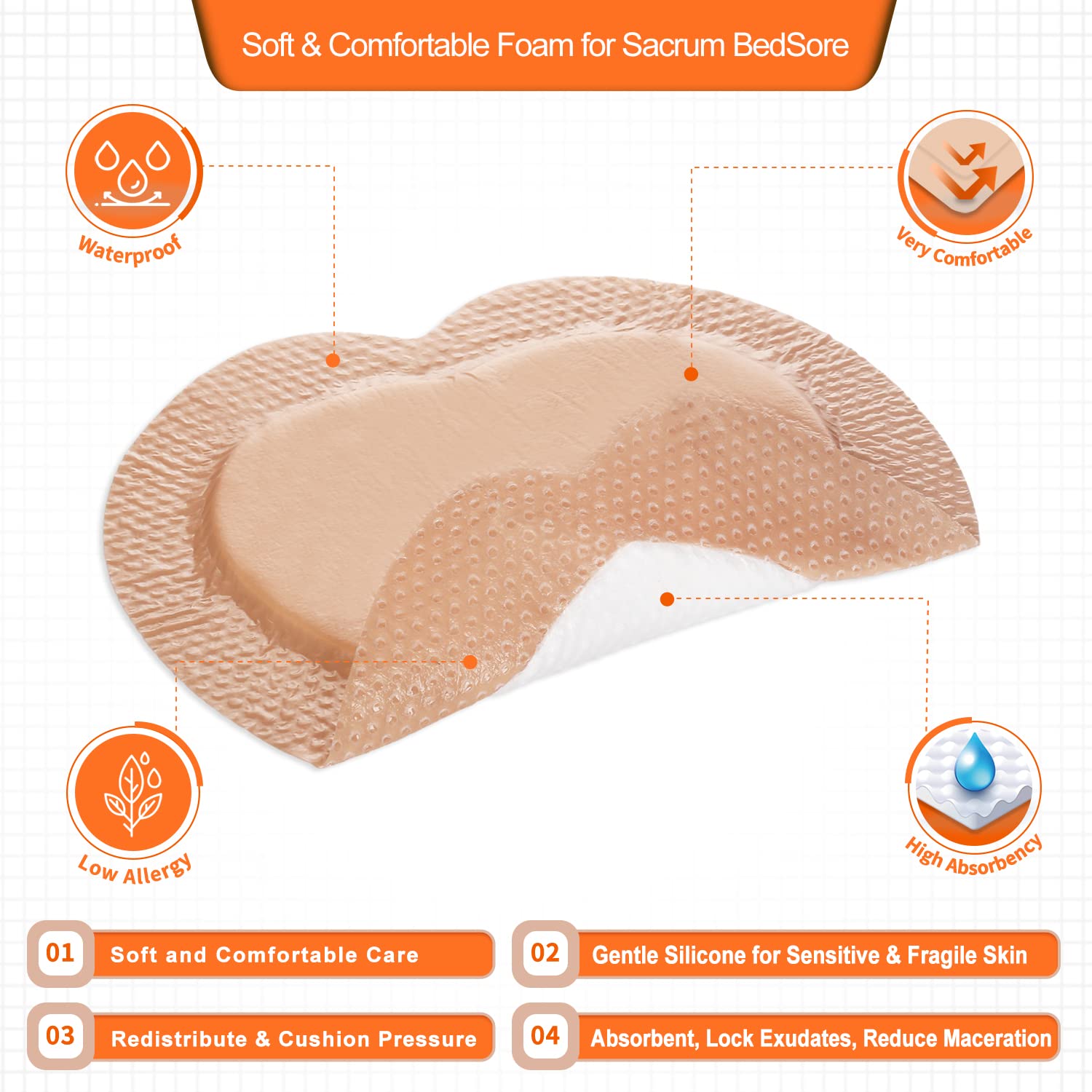 Sacral Silicone Foam Dressing with Border for Sacrum Ulcer, Pressure Ulcer, Butt Bed Sore, Size 7''x7''(4.9''x5.3'' Pad), Painless Removal High Absorbency, Bedsore Wound Bandage,5 Pack