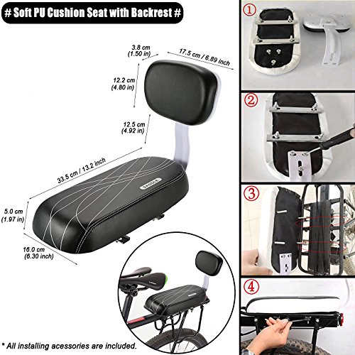 CenterZ Bike Rear Seat Cushion with Safety Backrest + Backseat Armrest Handrail + Foldable Hidden Bicycle Footrests + Handlebar Bell (Universal Cycling Kit with Installing Repairing Tools Set), Black