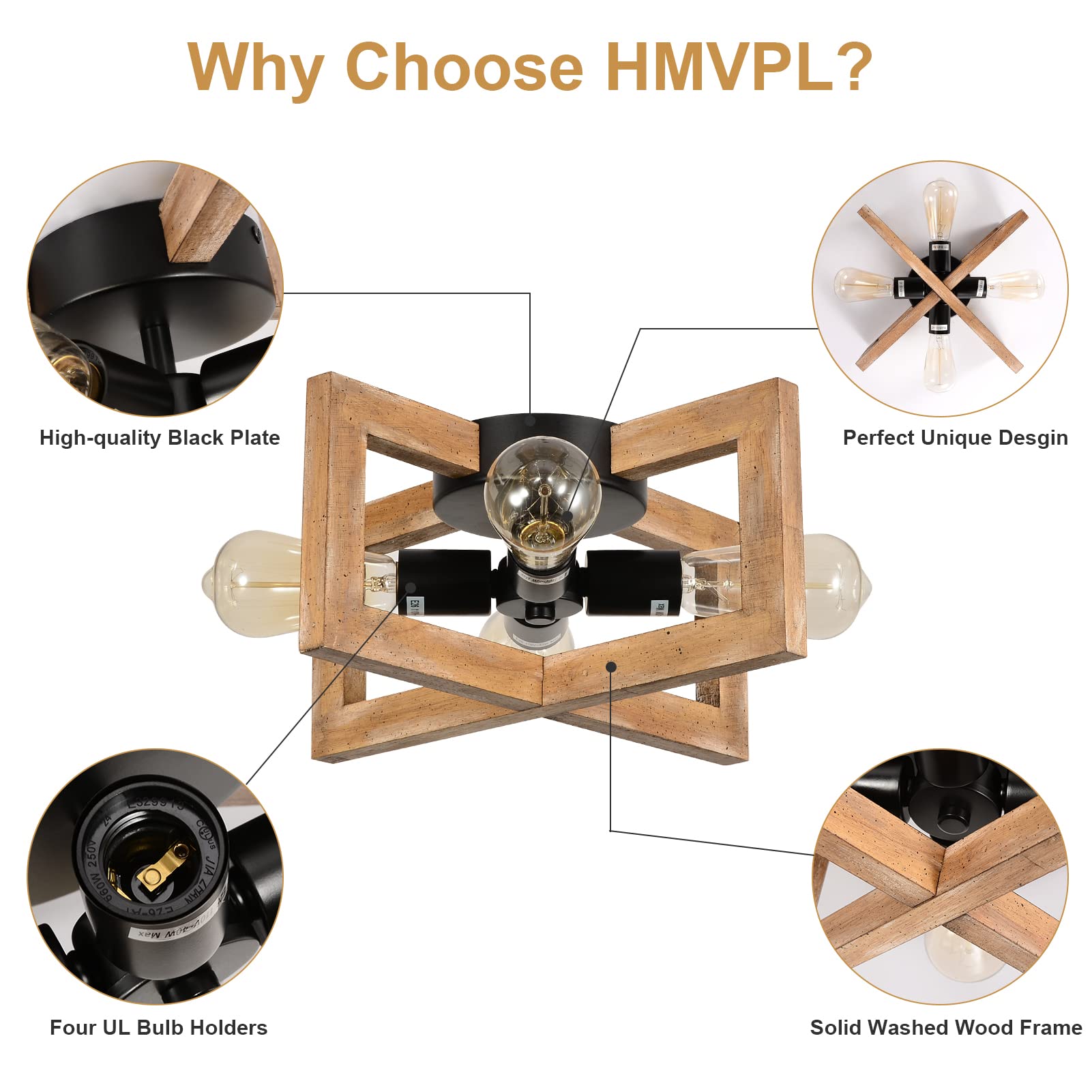 HMVPL Flush Mount Ceiling Light, 4-Light Farmhouse Outdoor Light Fixture Ceiling Mount, Wood Black Close to Ceiling Light for Kitchen Island Dining Room Bedroom Foyer Hallway Front Door Gazebo Porch