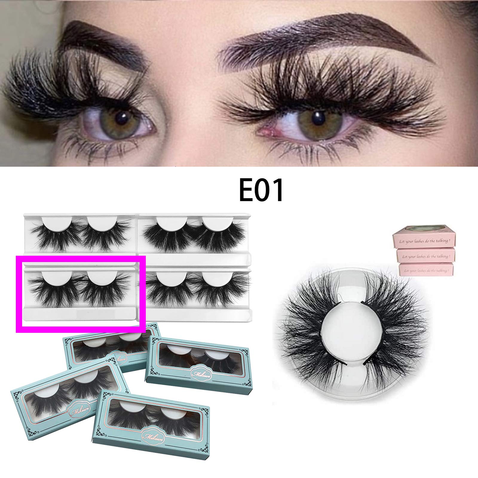 Wholesale 25mm Mink Lashes Mikiwi E01-5, Real Mink EyeLashes, Thick HandMade Full Strip Lashes, Crueltyl Free Fluffy Lash, Dramatic Lashes for Halloween Party, 3D Mink Lashes Bulk Pack-5