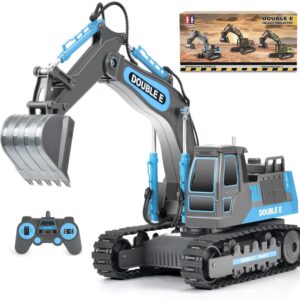 double e remote control excavator toy rc excavators rechargeable battery digger hydraulic construction toys vehicles xmas gift for boys girls kids 3-14 years，gray-blue