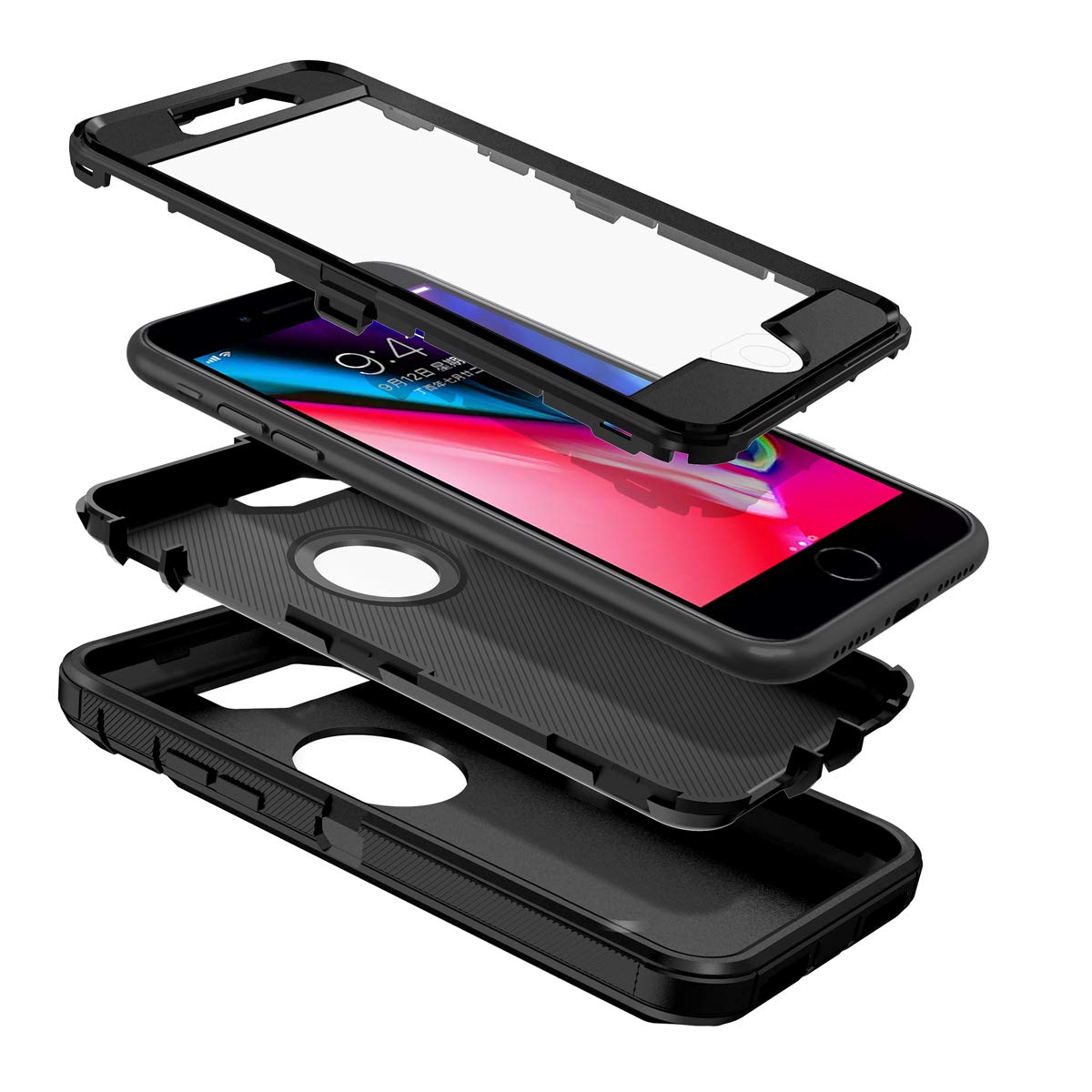 I-HONVA for iPhone 8 Plus Case, iPhone 7 Plus Case Built-in Screen Protector Shockproof 3-Layer Full Body Protection Rugged Heavy Duty Cover Case for Apple iPhone 8 Plus/7 Plus, Black