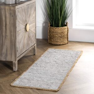 nuloom sabby hand woven leather flatweave runner rug, 2' x 6', light grey