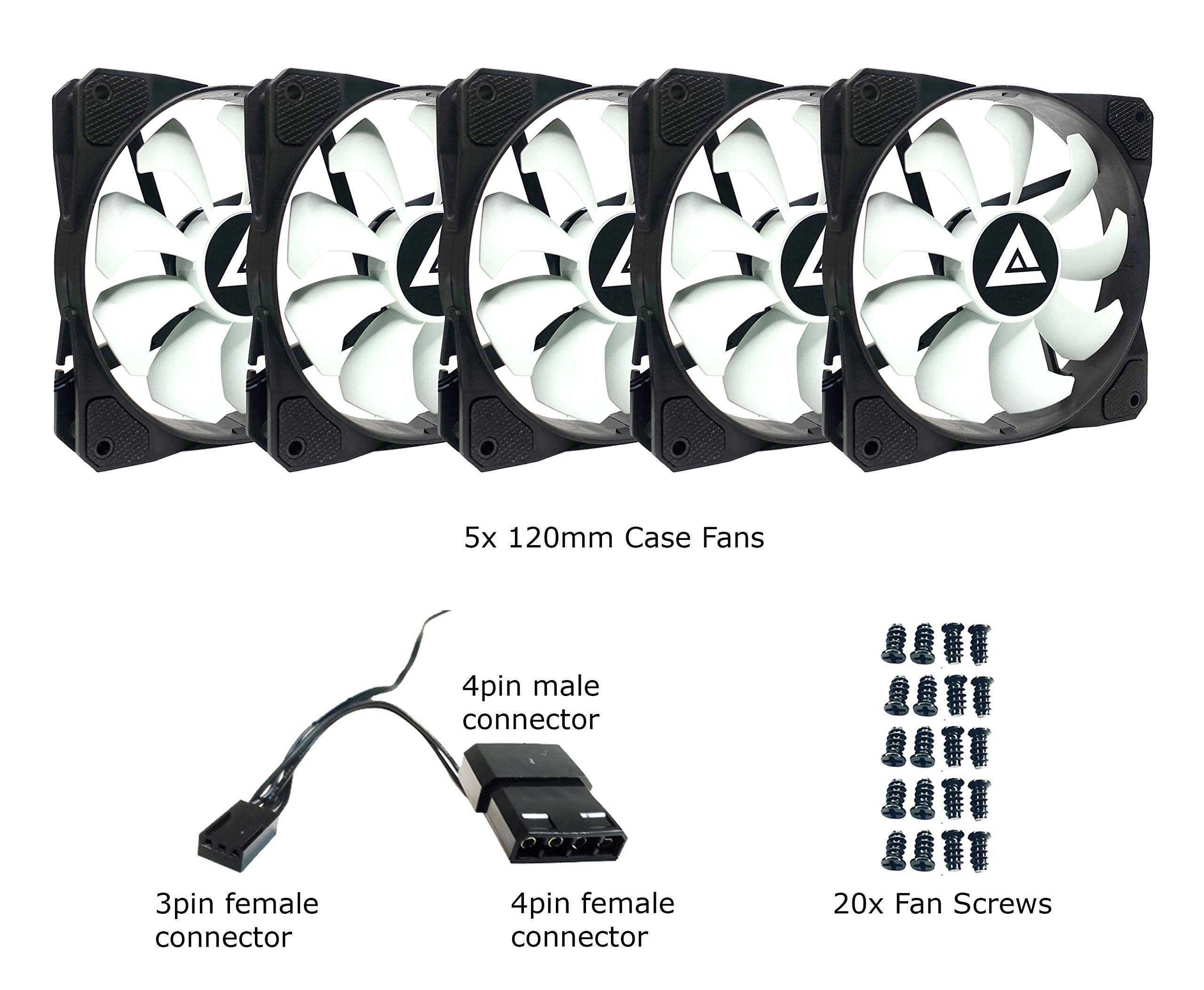 Apevia 512S-WB 120mm 4pin Molex & 3pin Motherboard Black/White Case Fan (5-pk)