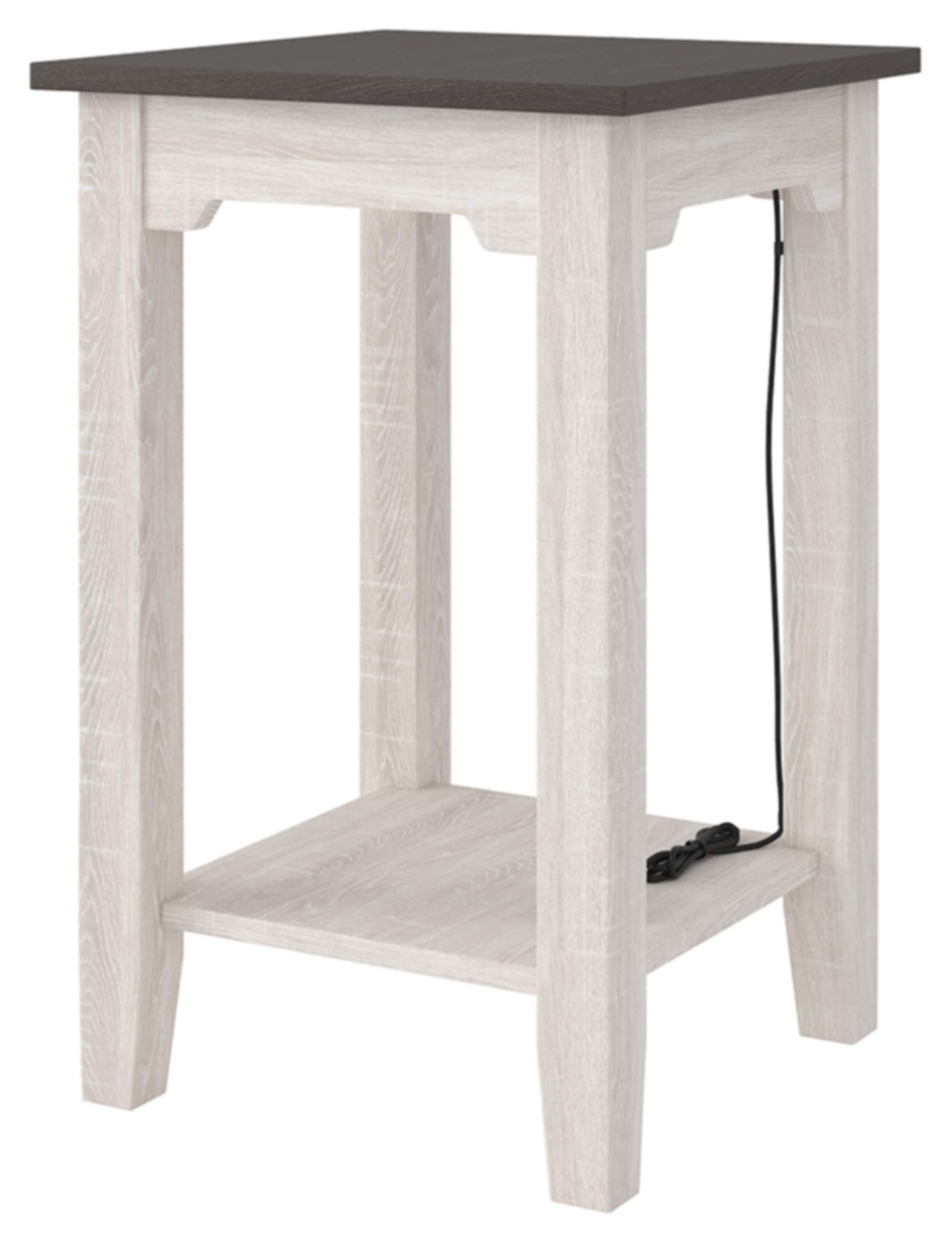 Signature Design by Ashley Dorrinson Square Chair Side End Table with Lower Fixed Shelf and USB Charging Port, Antique White & Brown