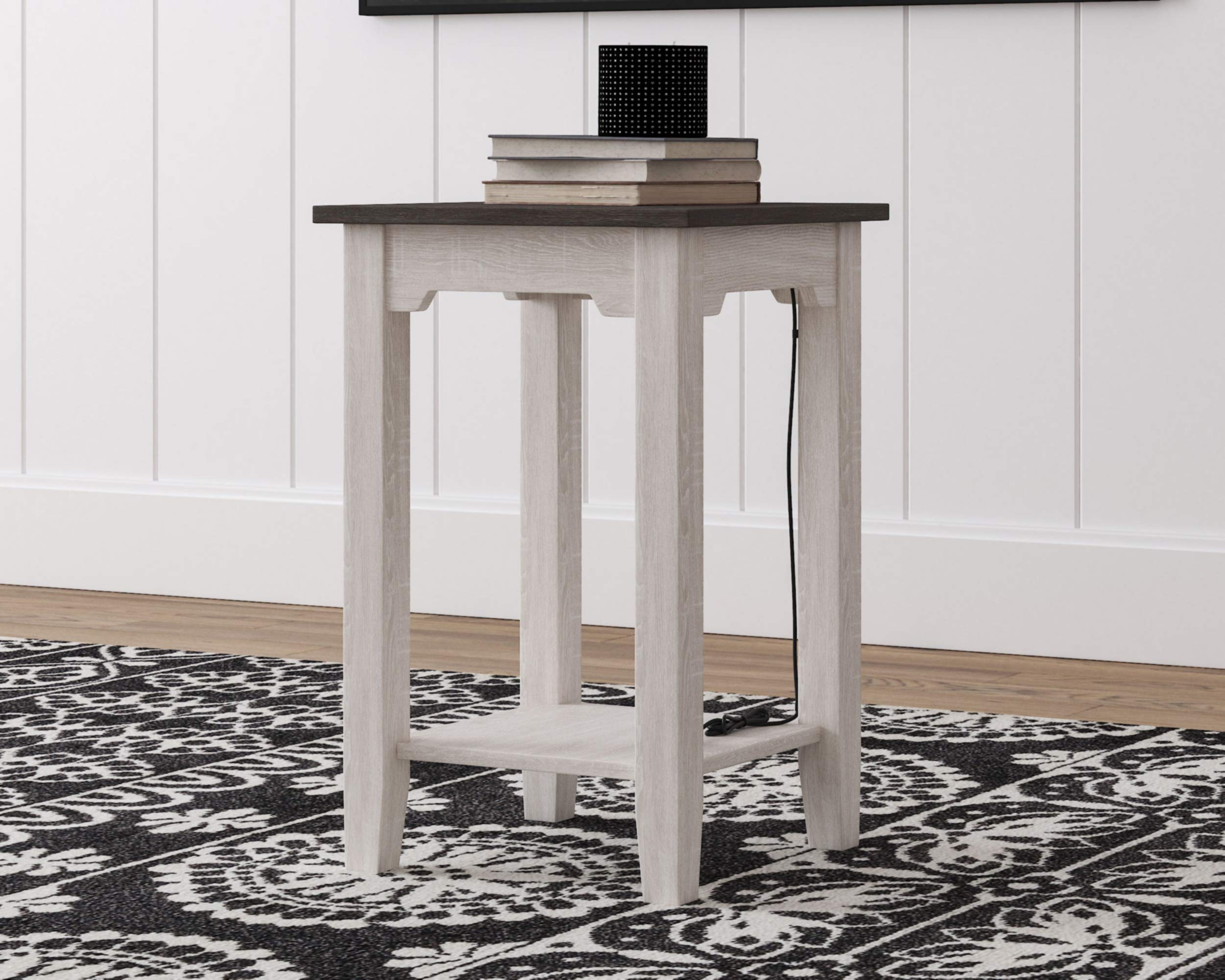 Signature Design by Ashley Dorrinson Square Chair Side End Table with Lower Fixed Shelf and USB Charging Port, Antique White & Brown