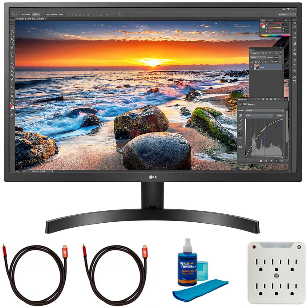 LG 27UK500-B 27 inch UHD 3840x2160 IPS HDR10 Monitor with FreeSync Bundle with 2X 6FT Universal 4K HDMI 2.0 Cable, Universal Screen Cleaner and 6-Outlet Surge Adapter