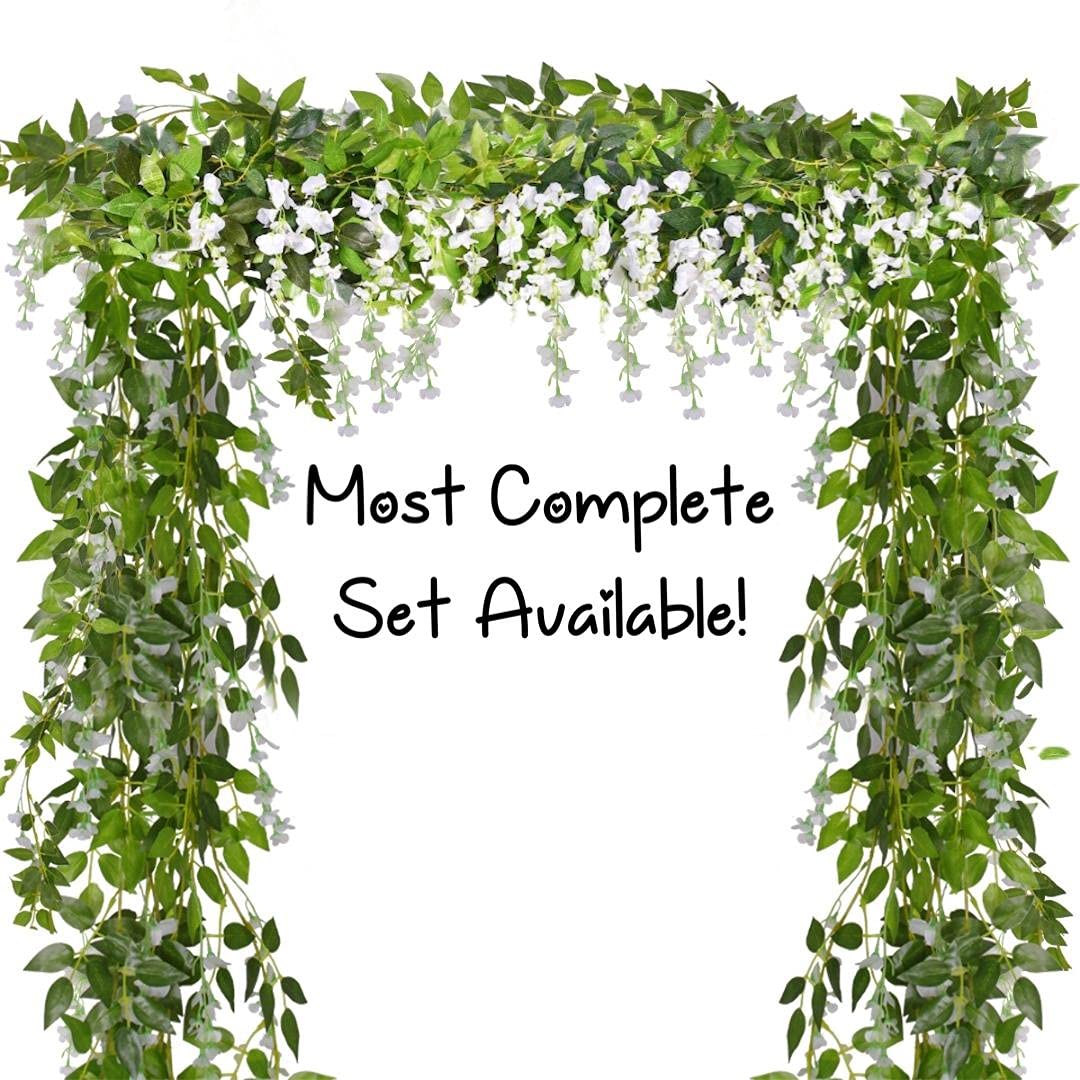 CB Gypsy 10 Pcs (60ft Total) Wisteria Artificial Flower Garland, Fake Wisteria Vine Leaves Silk Hanging Flowers for Home Garden Outdoor Ceremony Wedding Arch Floral Party Decor (White)