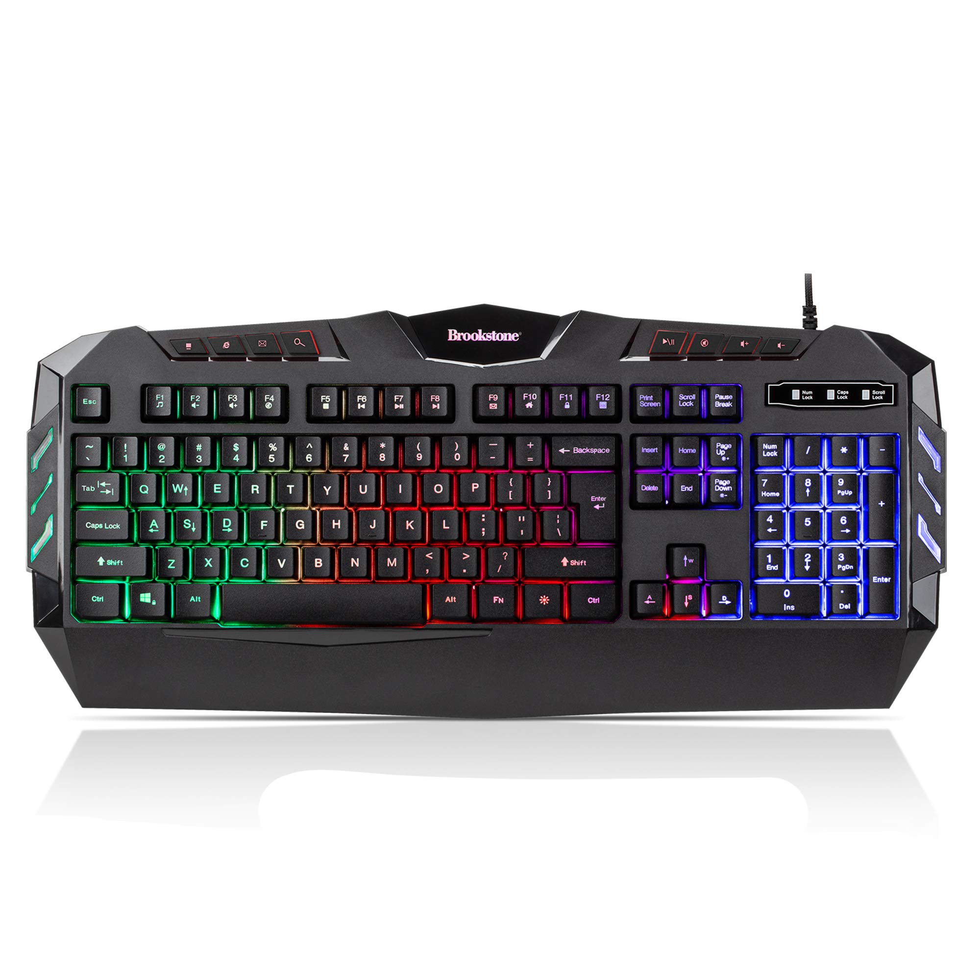 Brookstone USB Wired Gaming Keyboard with Multi-Color LED Backlit Keys and Numeric Keypad, Mac and PC Compatible (w/Palm Rest)