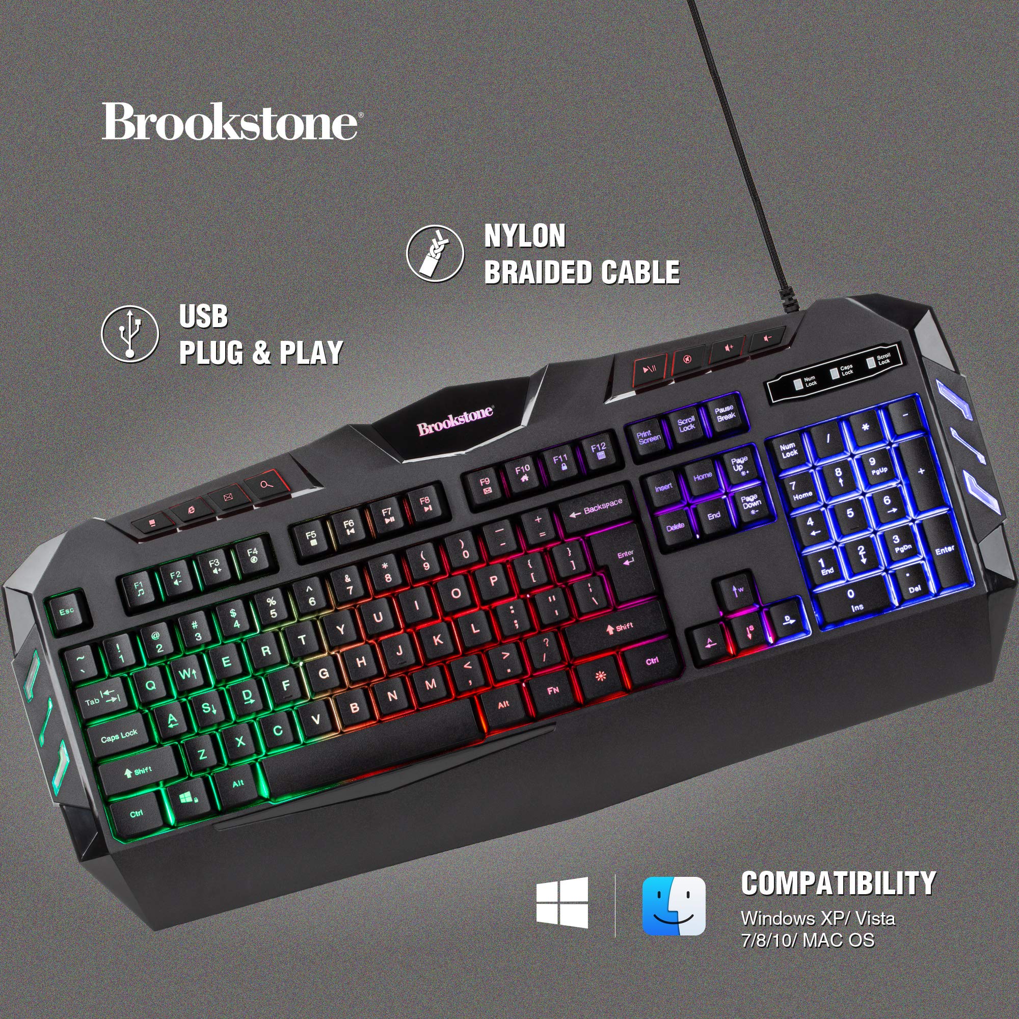 Brookstone USB Wired Gaming Keyboard with Multi-Color LED Backlit Keys and Numeric Keypad, Mac and PC Compatible (w/Palm Rest)