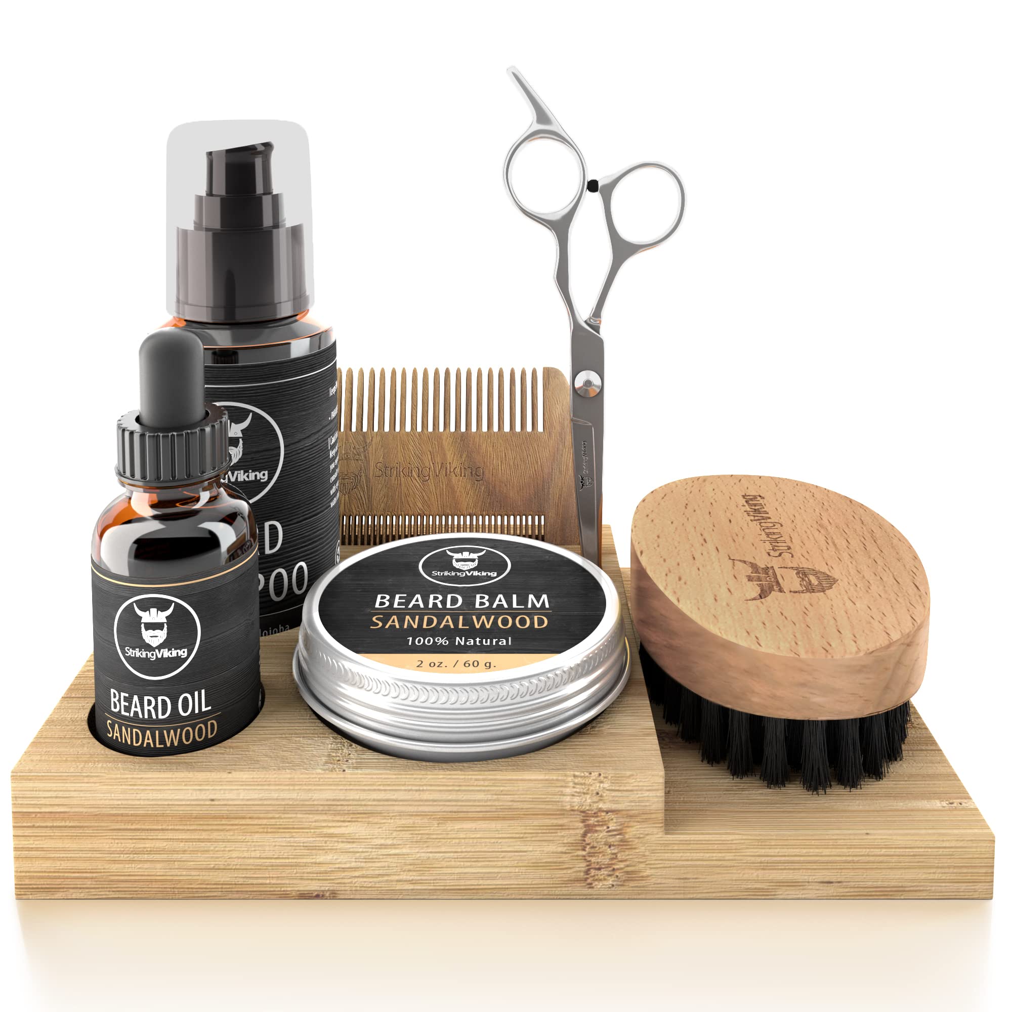 Striking Viking Beard Grooming Kit Includes Caddy, Beard Care Oil and Balm, Beard Shampoo, Wooden Comb, Beard Brush, & Trimming Scissors