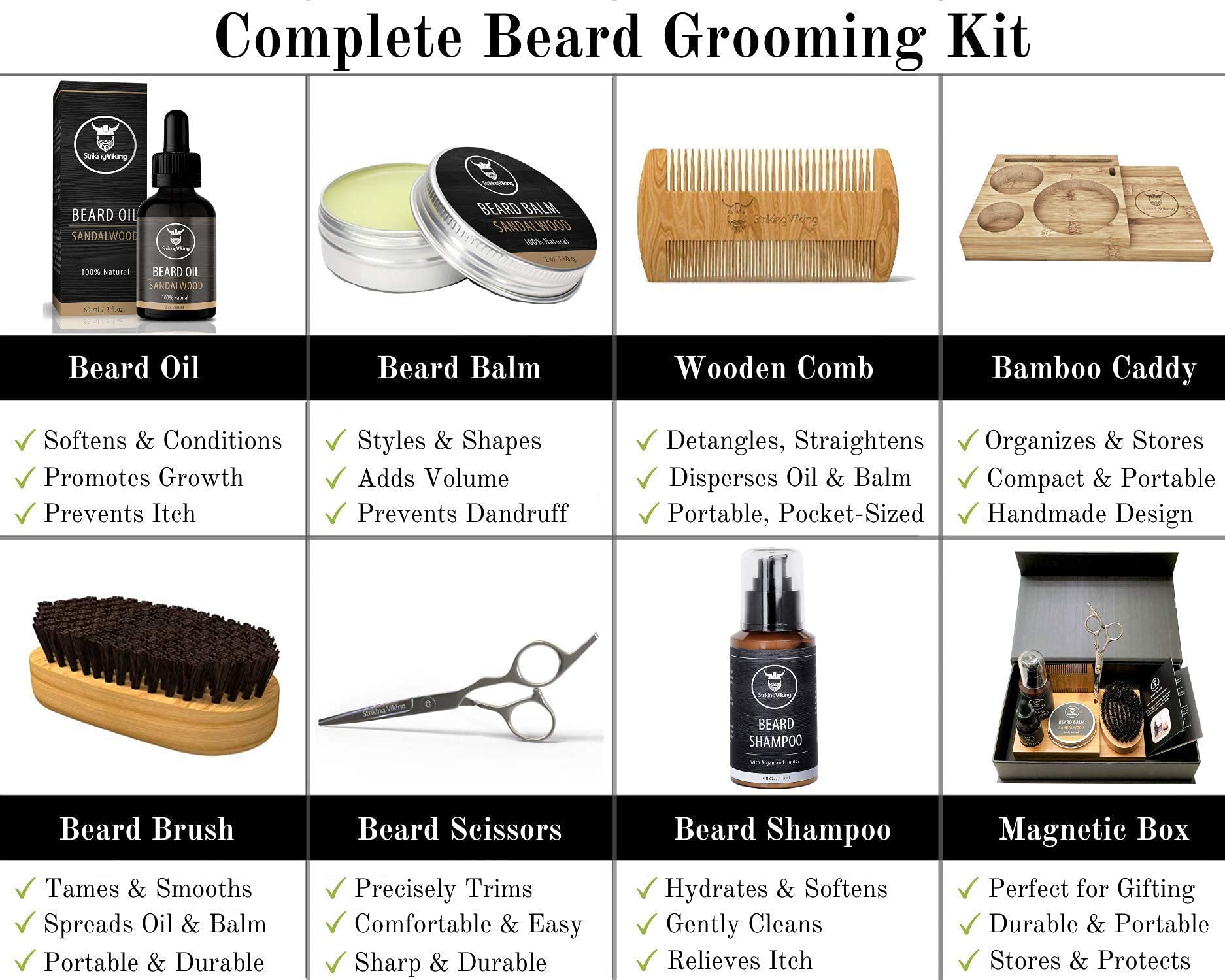 Striking Viking Beard Grooming Kit Includes Caddy, Beard Care Oil and Balm, Beard Shampoo, Wooden Comb, Beard Brush, & Trimming Scissors