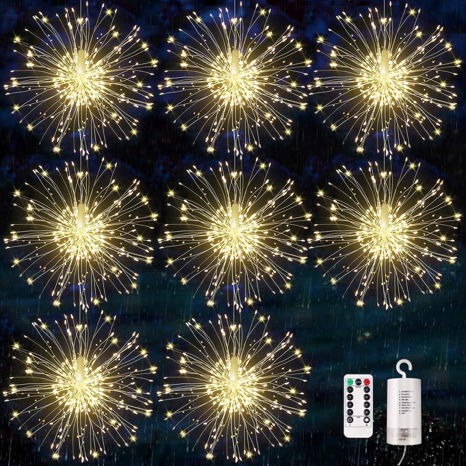 KIKILIVE Firework Lights, 8 Pack LED Copper Wire Fireworks Lights Fairy Lights Christmas Fireworks Hanging Dimmable String 8 Modes Waterproof with Remote Control for Christmas Wedding Garden