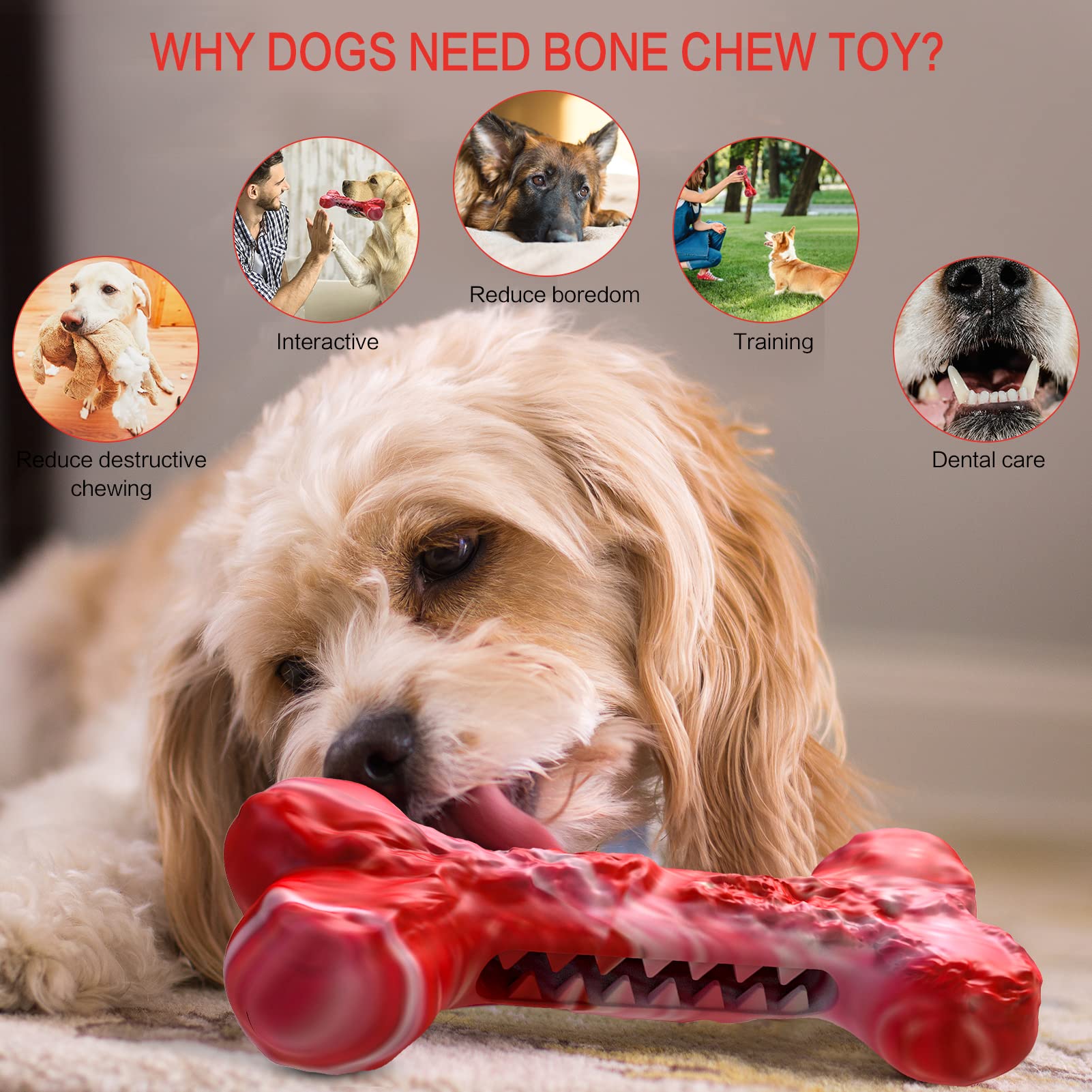 Dog Chew Toys for Aggressive Chewers, Durable Rubber Dog Bones Chew Toys, Interactive Tough Dog Toys for Large Medium Small Dog, Indestructible Dog Toy for Cleaning Teeth and Training (Large)