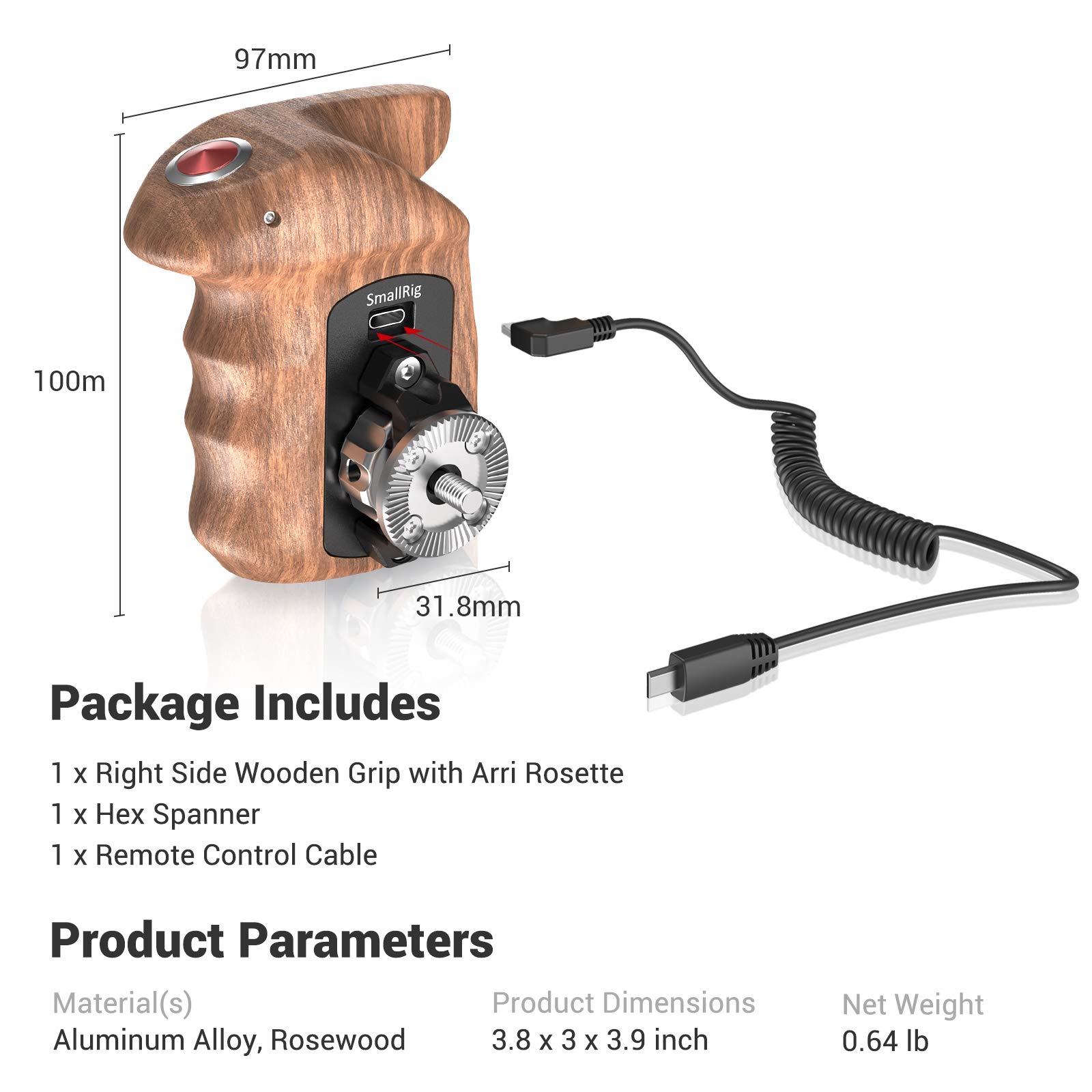 SmallRig Right Side Wooden Handle Hand Grip with Record Start/Stop Remote Trigger for Sony Mirrorless Cameras - HSR2511