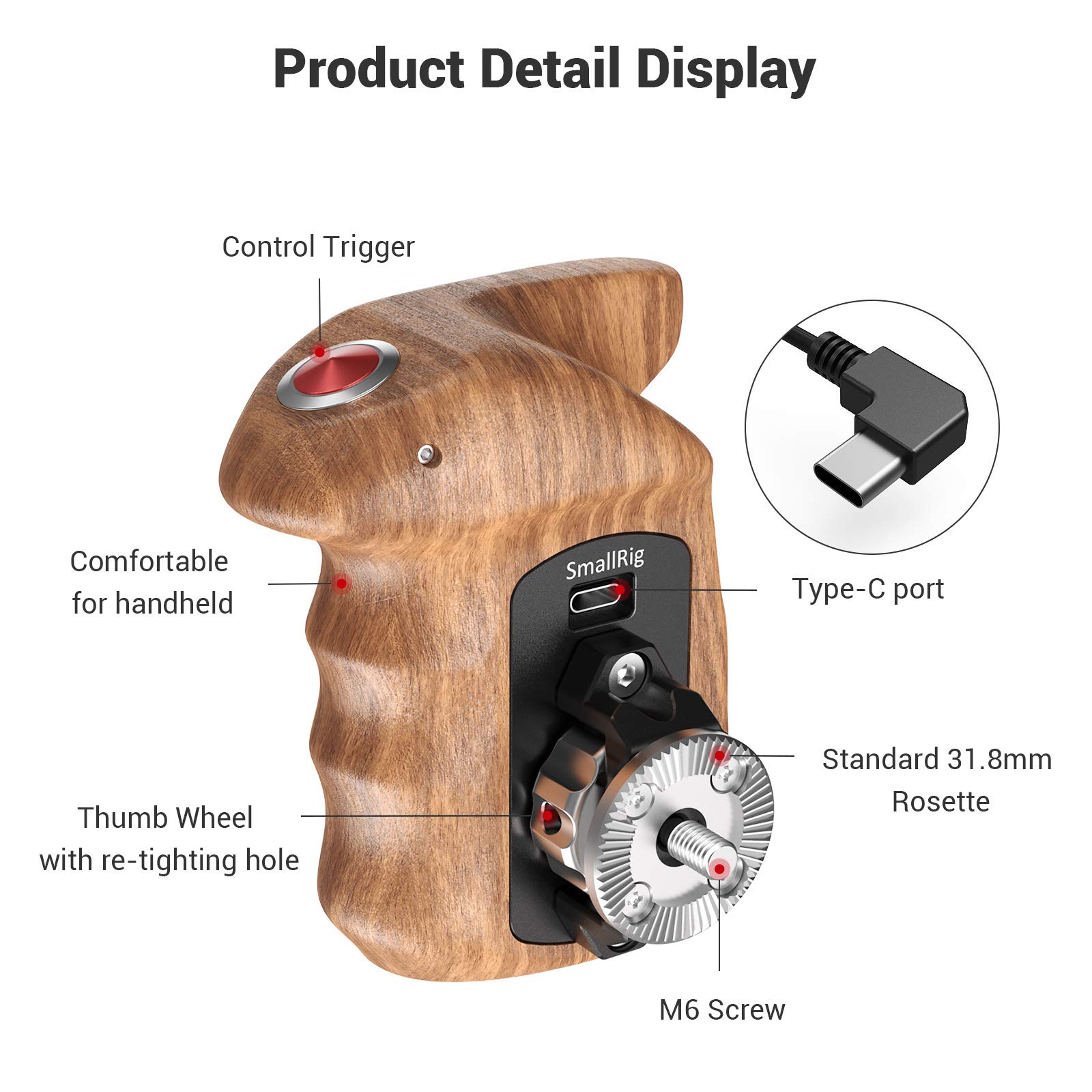 SmallRig Right Side Wooden Handle Hand Grip with Record Start/Stop Remote Trigger for Sony Mirrorless Cameras - HSR2511