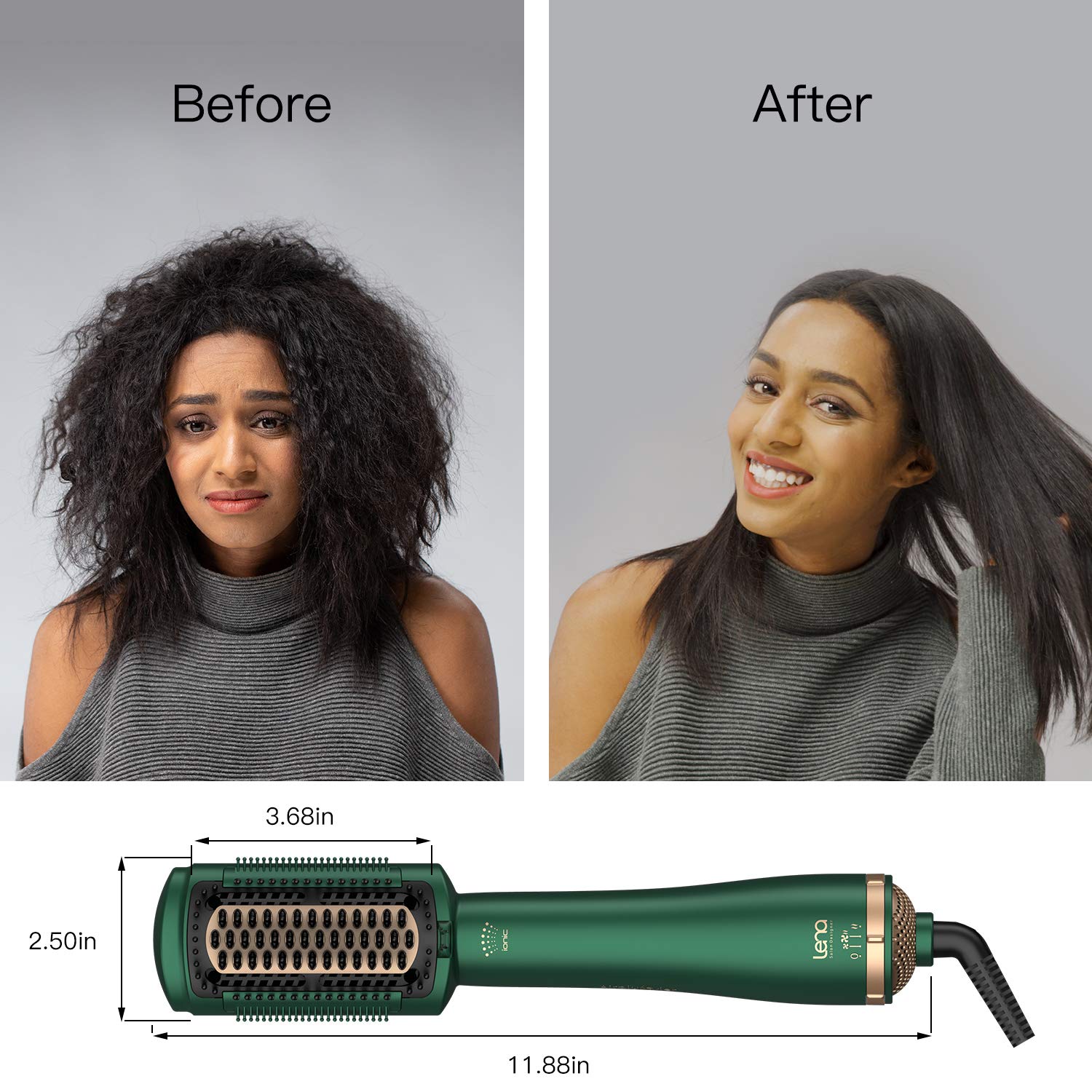 LENA Hair Straightener Brush Dryer PRO Blow Dryer Hot Air Brush - Anti-Scald Straightening Iron Comb Styler with Extra Ion Care, Far Infrared Heating and 3 Modes for Long & Medium Length Hair, Green