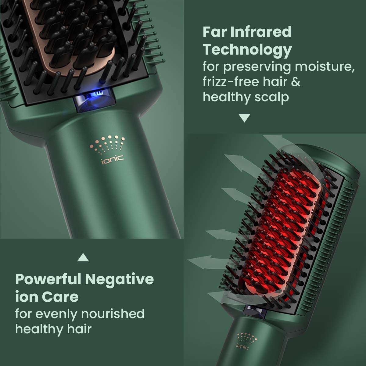 LENA Hair Straightener Brush Dryer PRO Blow Dryer Hot Air Brush - Anti-Scald Straightening Iron Comb Styler with Extra Ion Care, Far Infrared Heating and 3 Modes for Long & Medium Length Hair, Green