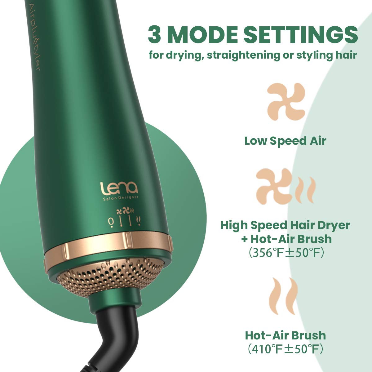 LENA Hair Straightener Brush Dryer PRO Blow Dryer Hot Air Brush - Anti-Scald Straightening Iron Comb Styler with Extra Ion Care, Far Infrared Heating and 3 Modes for Long & Medium Length Hair, Green