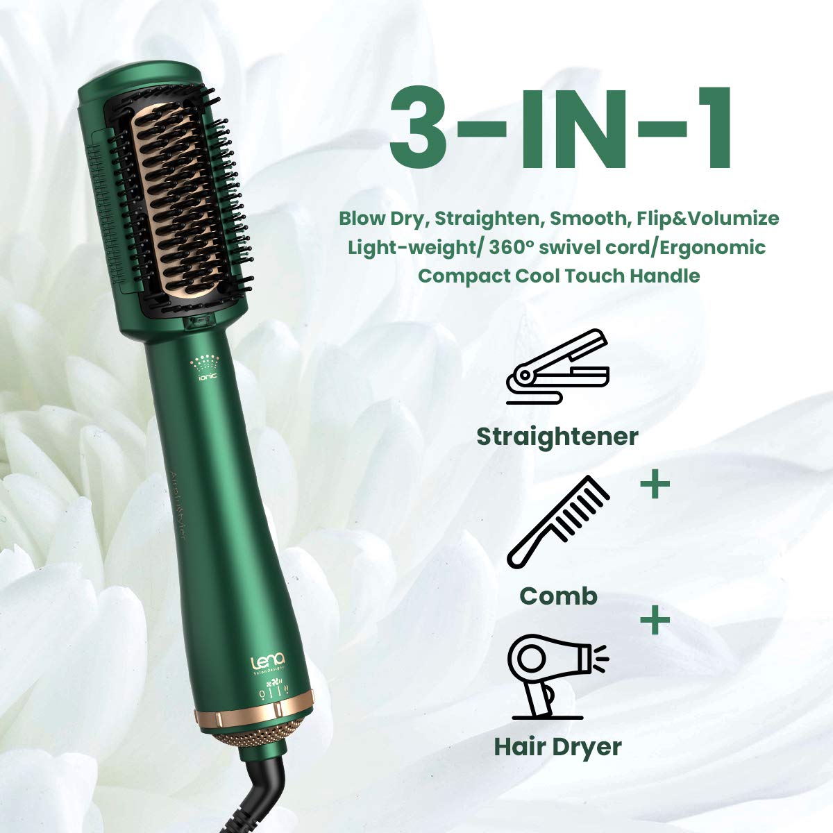 LENA Hair Straightener Brush Dryer PRO Blow Dryer Hot Air Brush - Anti-Scald Straightening Iron Comb Styler with Extra Ion Care, Far Infrared Heating and 3 Modes for Long & Medium Length Hair, Green