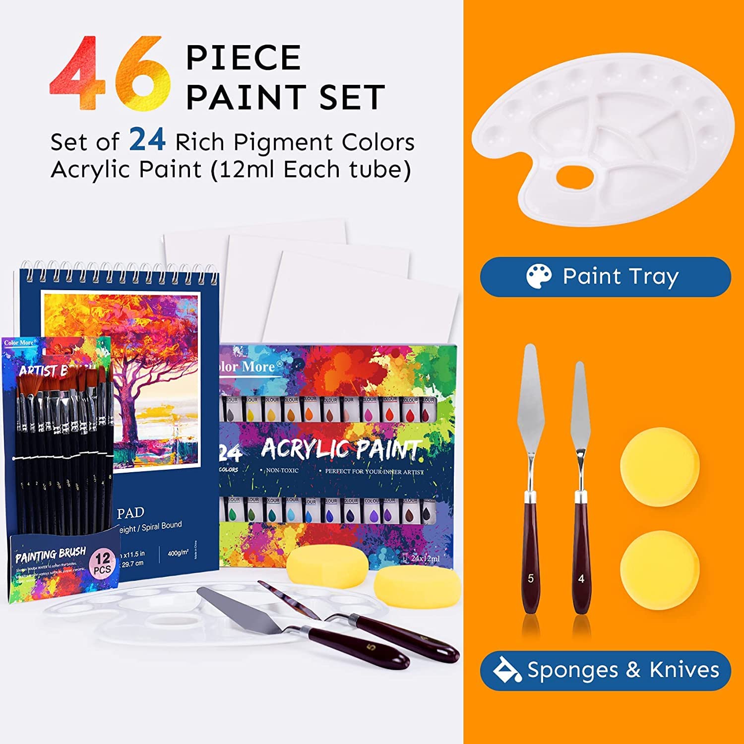 Acrylic Paint Set,46 PCS Professional Painting Supplies with Paint Brushes, 24 Colors Acrylic Paints, Painting Pad, Palette, Paint Knives and Art Sponges for Hobbyists and Beginners,Paint Set