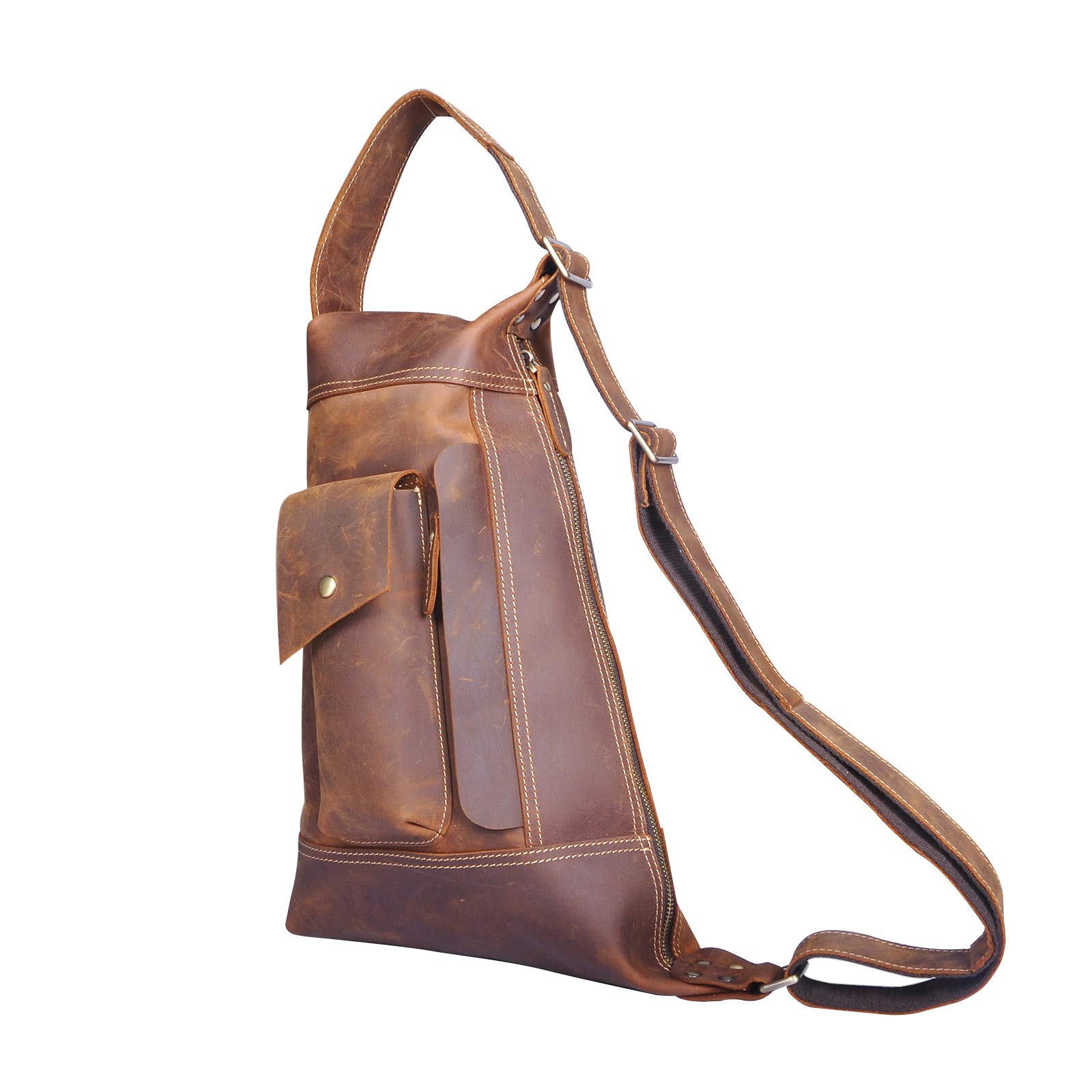 Le'aokuu Men Outdoor Large Travel Hiking Tea Cross-body Chest Sling Bag Rig One Shoulder Strap Bag Backpack Men Quality Leather 2329 (Brown)