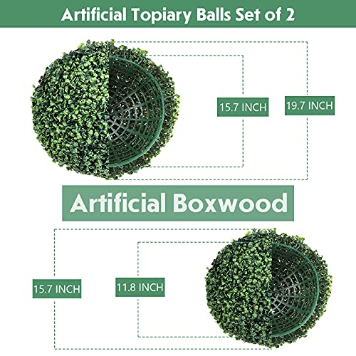 THE BLOOM TIMES Boxwood Balls, Set of 2 Round 15.7 Inch Artificial Plant Topiary Ball Faux Decorative Ball Outdoor UV Protected 4 Layers for Front Porch, Patio, Planter, Garden, Indoor Home Decor