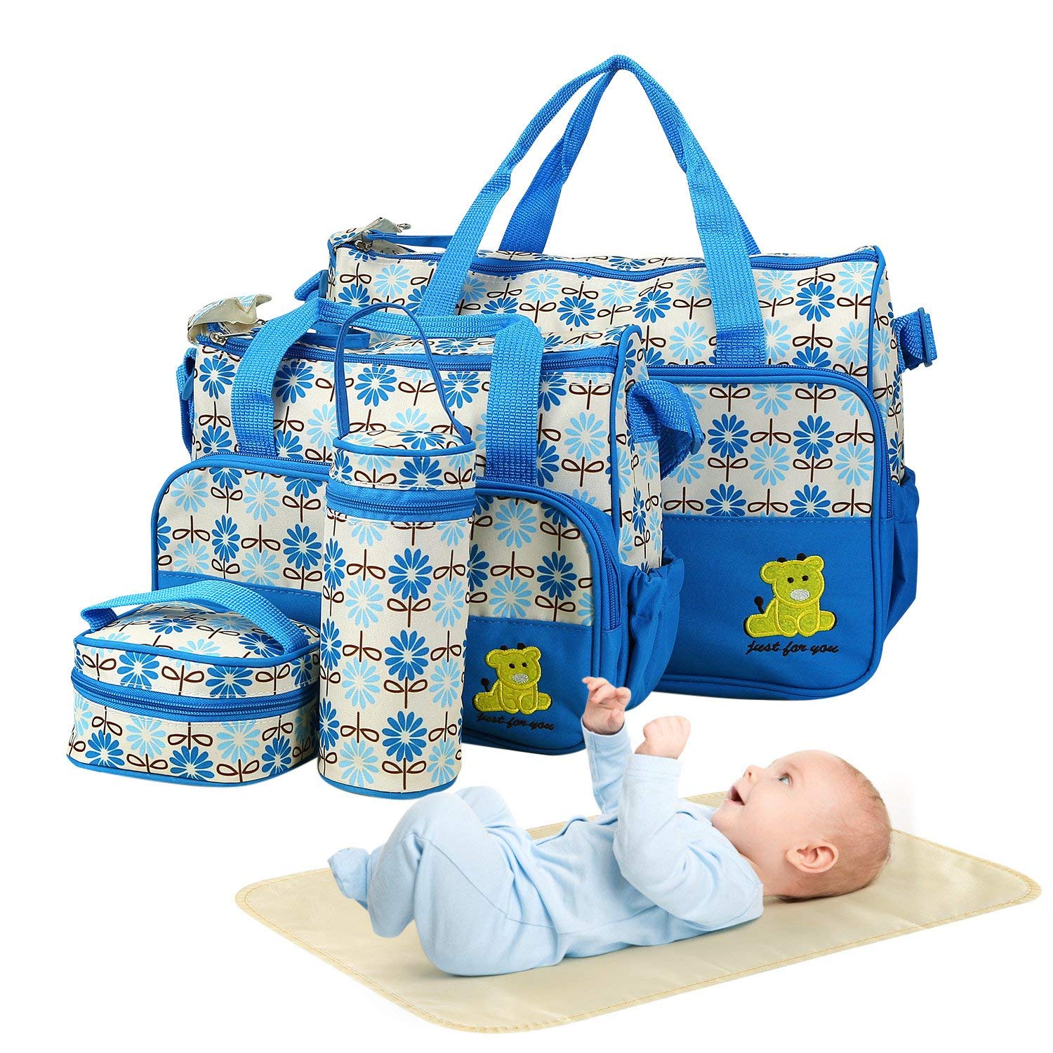 5PCS Diaper Bag Tote Set - Baby Bags for Mom (Blue)