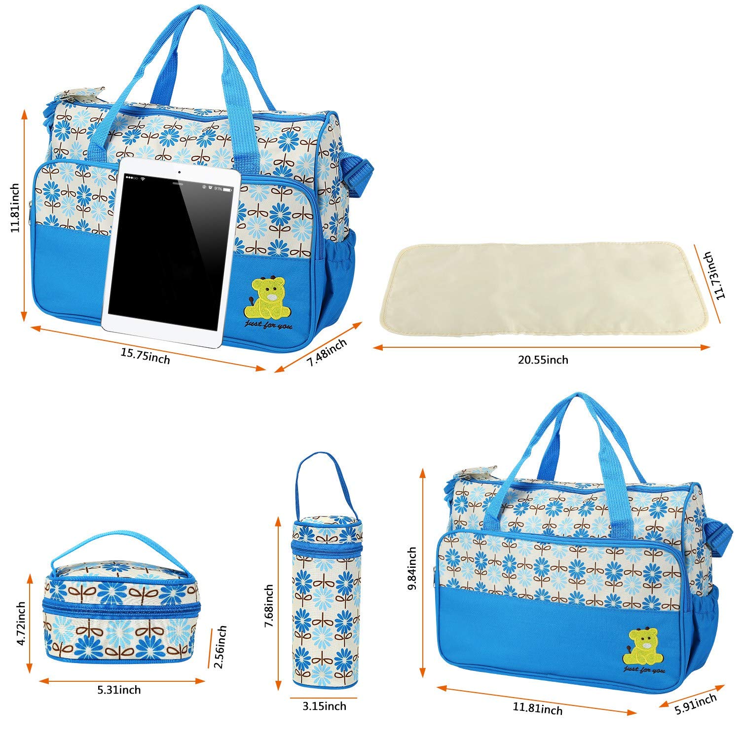 5PCS Diaper Bag Tote Set - Baby Bags for Mom (Blue)