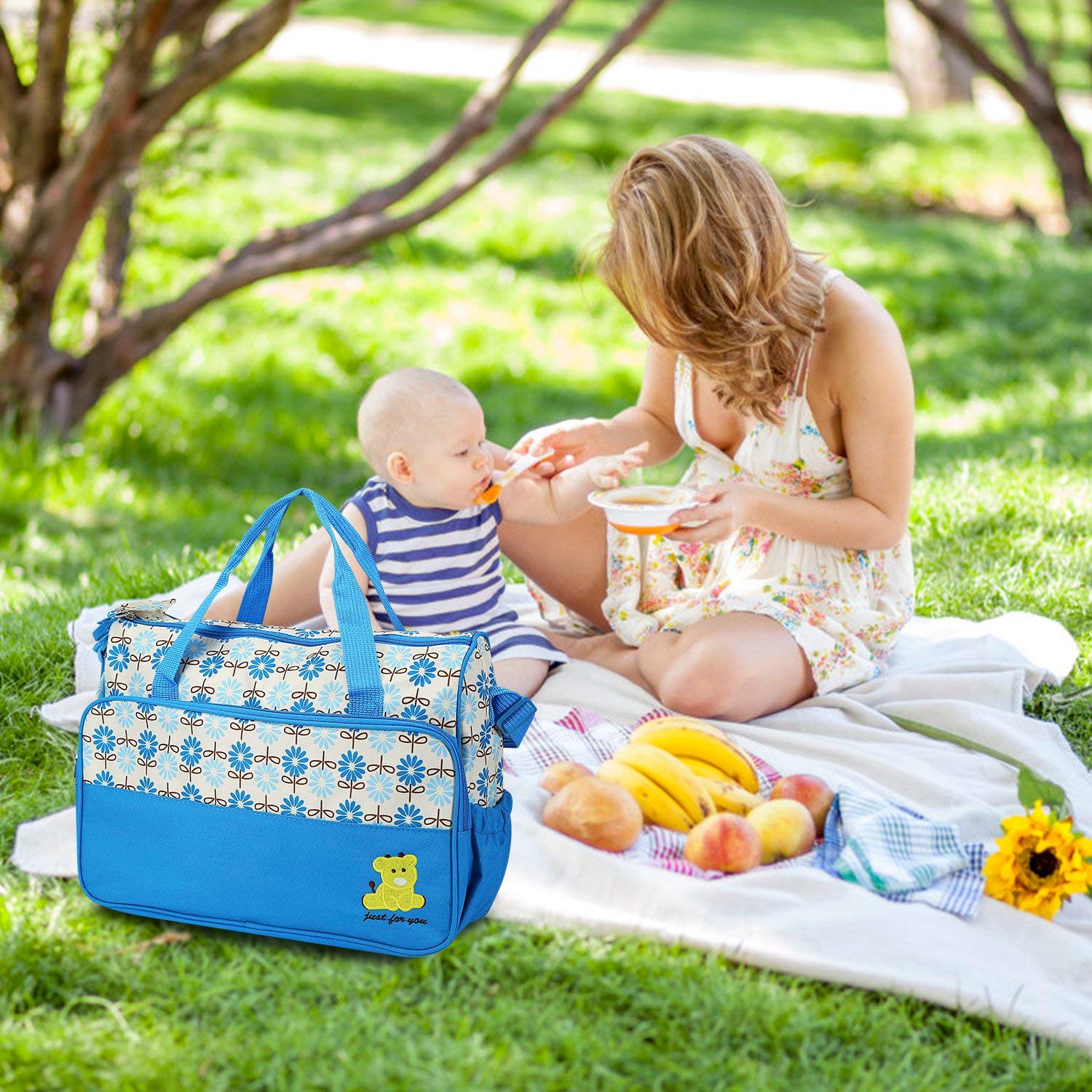 5PCS Diaper Bag Tote Set - Baby Bags for Mom (Blue)