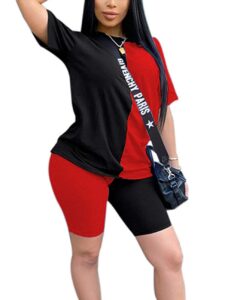 two piece short set for women, casual color block short sleeve tops biker shorts track suits sets black&red xl