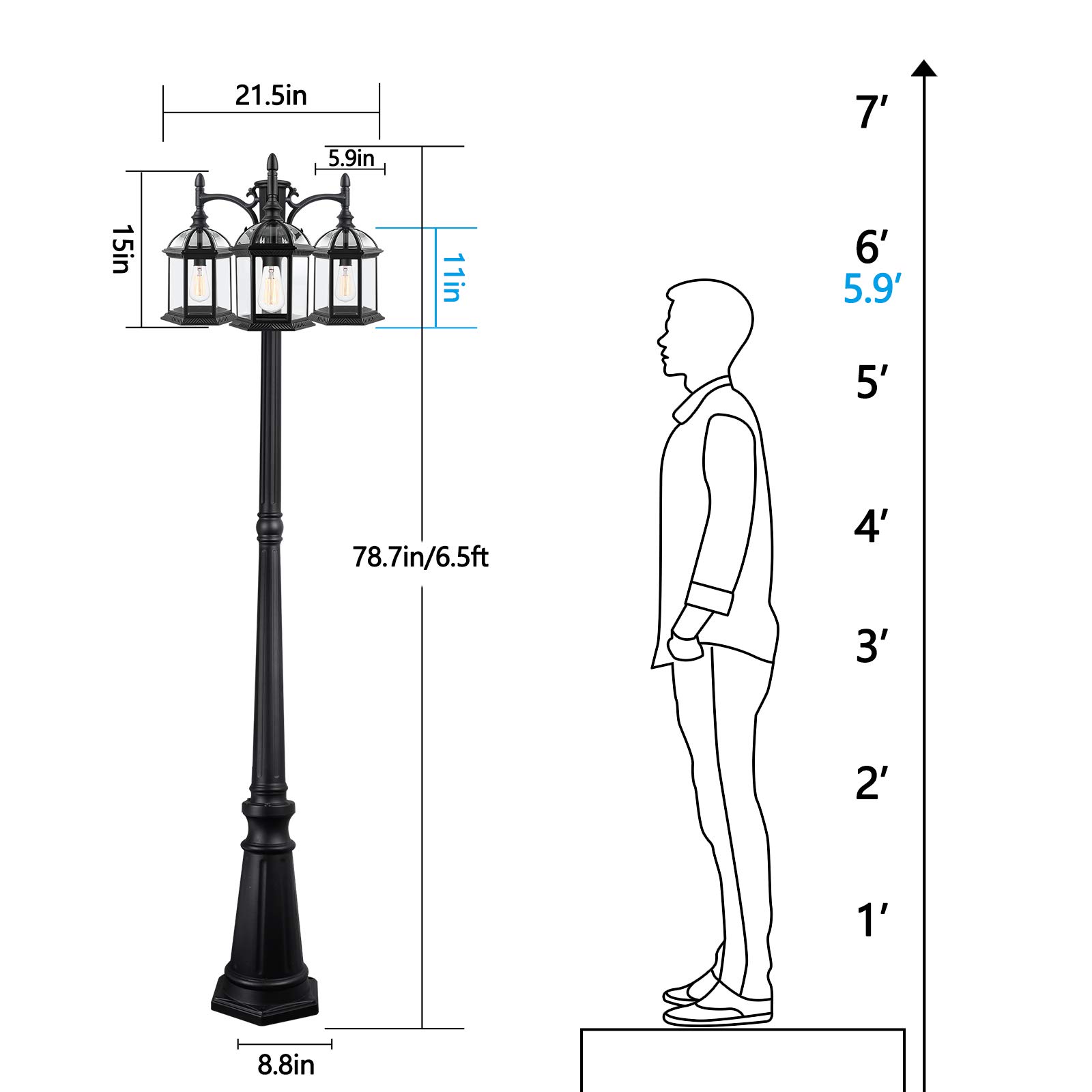 CINOTON Outdoor Lamp Post Light, 3-Head Surface-Mount Post Waterproof Outside Pole Light Aluminum, Black Birdcage Design Outdoor Street Light Pole Lamp Triple-Head for Backyard, Patio, Garden, Walkway