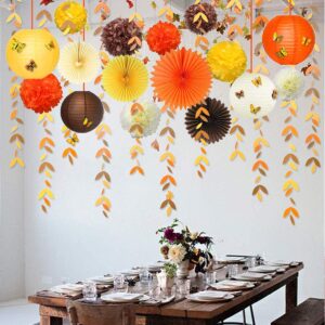 Fall Party Decorations Kit Yellow Orange Brown Paper Hanging Fans Lantern Flowers Pom Pom with 3D Butterfly Autumn Leaves Garland for Wedding Bridal Shower Birthday Harvest Thanksgiving Party Supplies