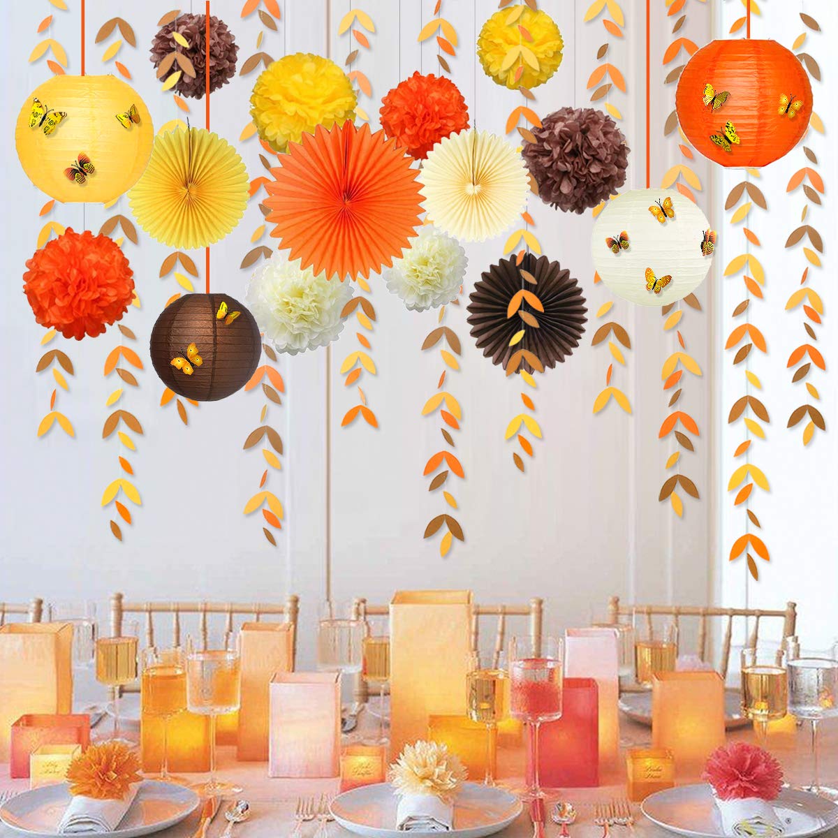 Fall Party Decorations Kit Yellow Orange Brown Paper Hanging Fans Lantern Flowers Pom Pom with 3D Butterfly Autumn Leaves Garland for Wedding Bridal Shower Birthday Harvest Thanksgiving Party Supplies