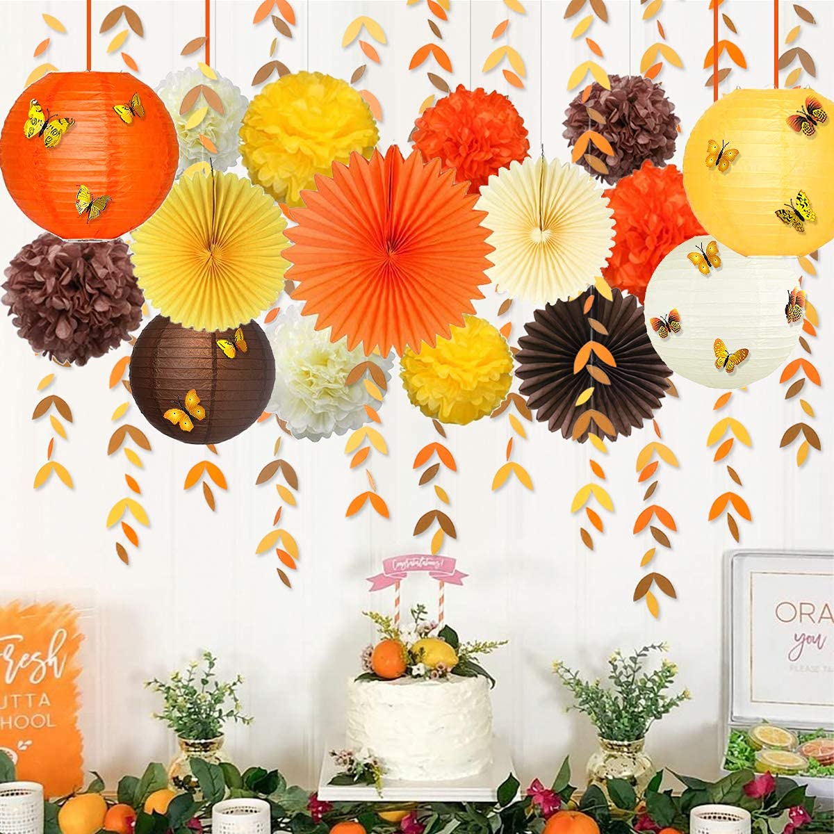 Fall Party Decorations Kit Yellow Orange Brown Paper Hanging Fans Lantern Flowers Pom Pom with 3D Butterfly Autumn Leaves Garland for Wedding Bridal Shower Birthday Harvest Thanksgiving Party Supplies