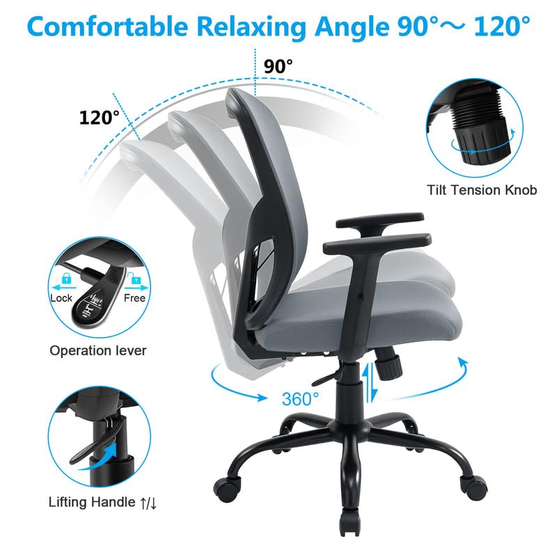 QY RYANGEL Office Chair Clearance,Home Office Desk Chair with Adjustable Lumbar Support, 2D PU Armrest, Mesh Desk Chair with Wheel, Dust Cover, 360 Swivel Task Chair for Home Office, 350lb