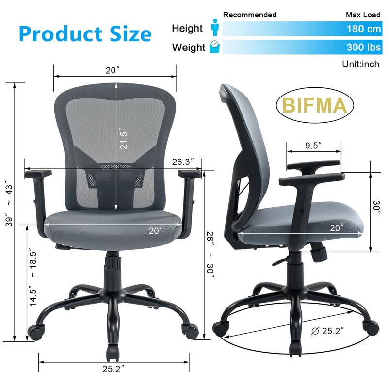 QY RYANGEL Office Chair Clearance,Home Office Desk Chair with Adjustable Lumbar Support, 2D PU Armrest, Mesh Desk Chair with Wheel, Dust Cover, 360 Swivel Task Chair for Home Office, 350lb