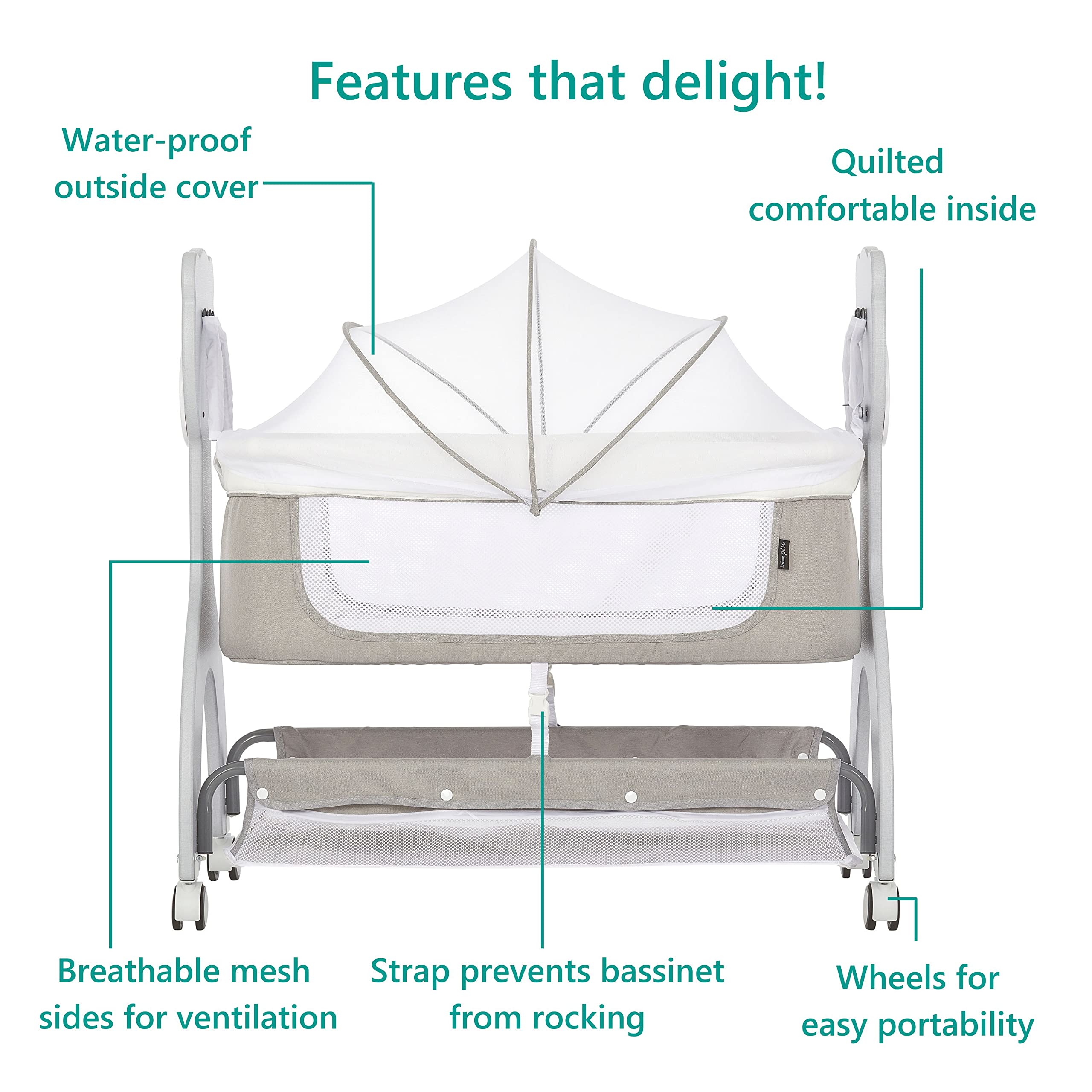 Dream On Me Cub Portable Bassinet in Grey, Multi-Use Baby Bassinet with Locking Wheels, Large Storage Basket, Mattress Pad Included, JPMA Certified