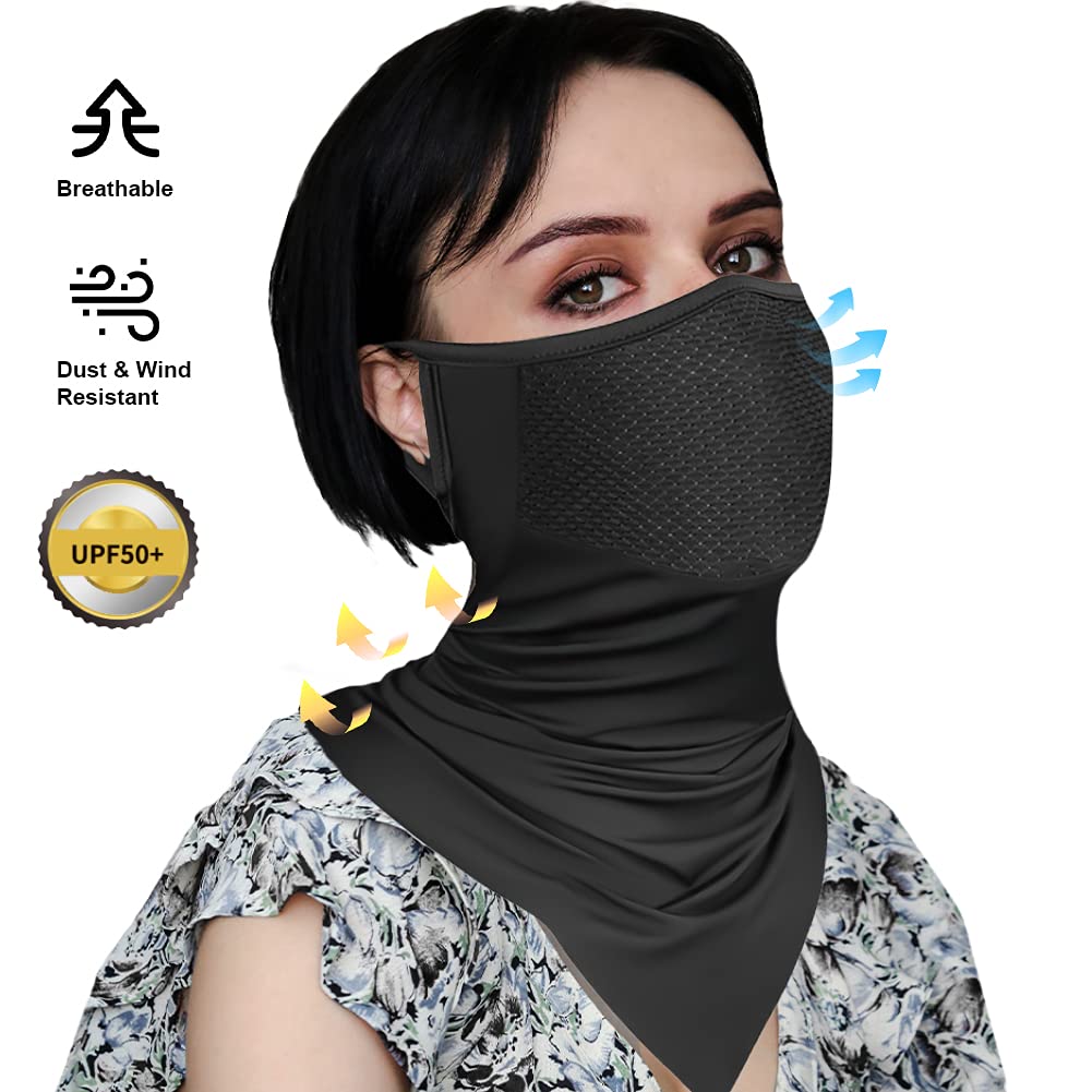 Face Mask Cover Ear Loops Neck Gaiter, Summer Cooling Face Scarf, Black Sun UV Protection Face Cover for Fishing Driving Hiking, Reusable Washable Bandanas Balaclavas for Men&Women, Dust & Wind Proof