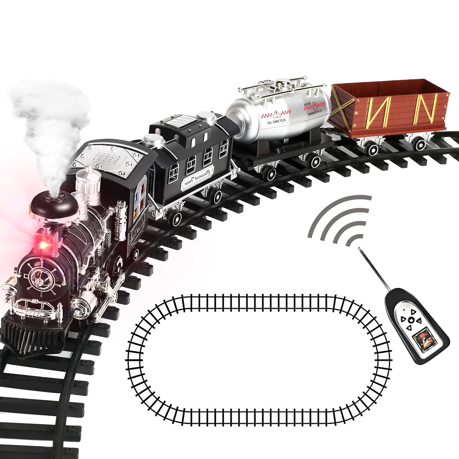 Remote Control Train Set with Smoke, Sound and Light, RC Train Toy Under Christmas Tree, Birthday Gift for Boys and Girls