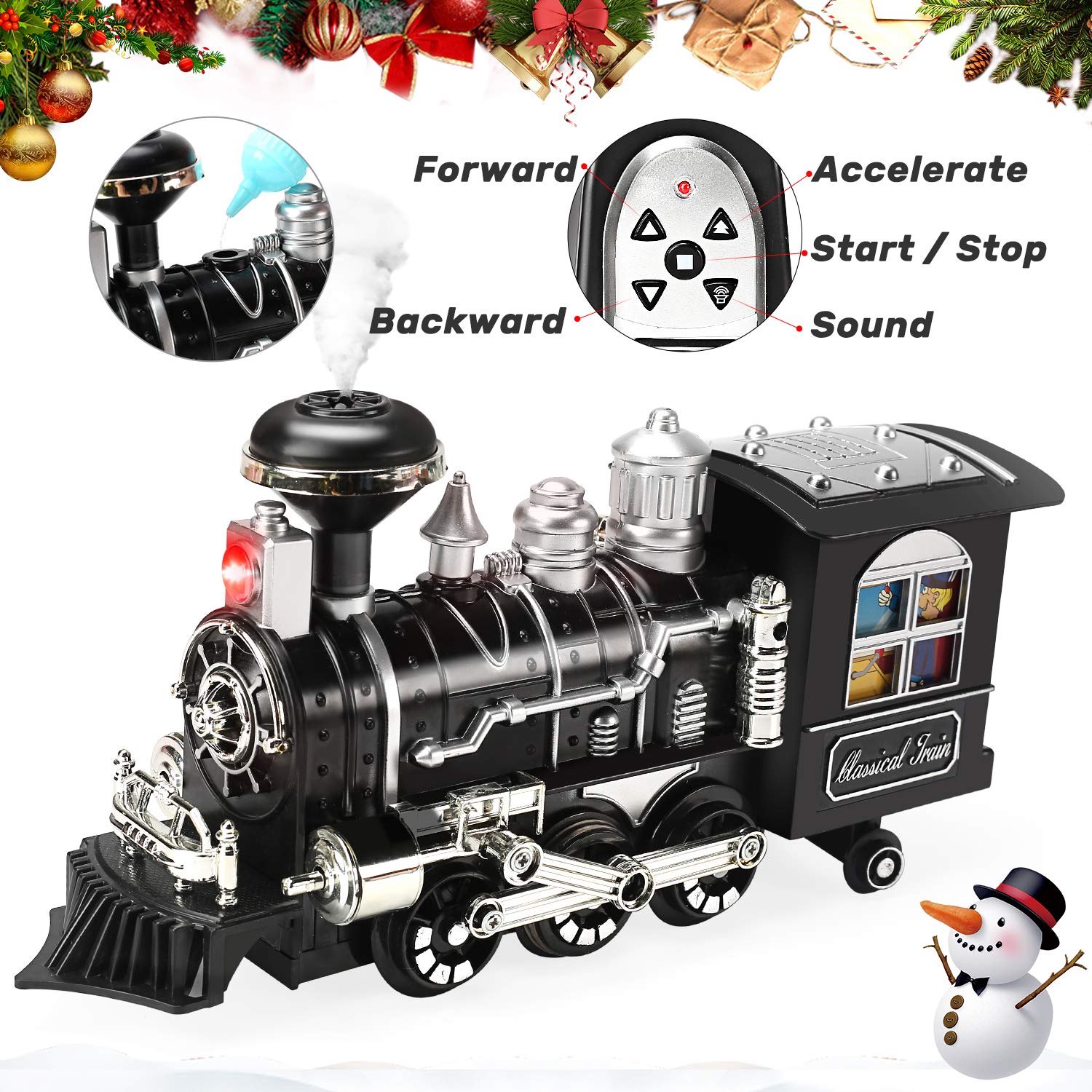 Remote Control Train Set with Smoke, Sound and Light, RC Train Toy Under Christmas Tree, Birthday Gift for Boys and Girls