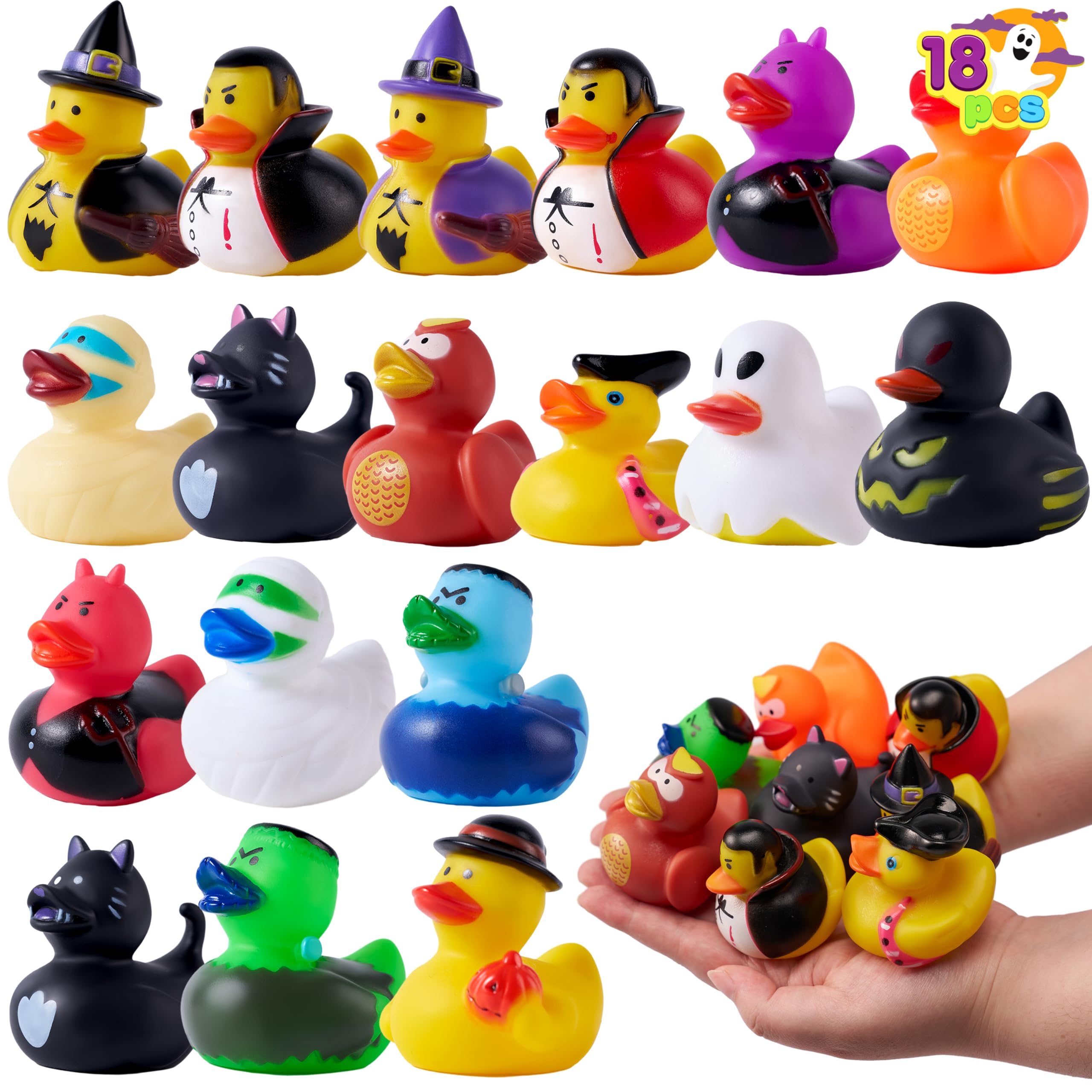 JOYIN 18 PCS Halloween Fancy Novelty Assorted Rubber Ducks for Fun Bath Squirt Squeaker Duckies, School Classroom Present Bath Toys Prizes Ducky, Trick or Treat Fillers Party Favor