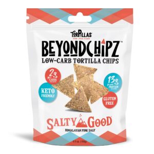 beyondchipz low carb tortilla chips, salty good, keto friendly, gluten free, 5.3oz bag, pack of 4