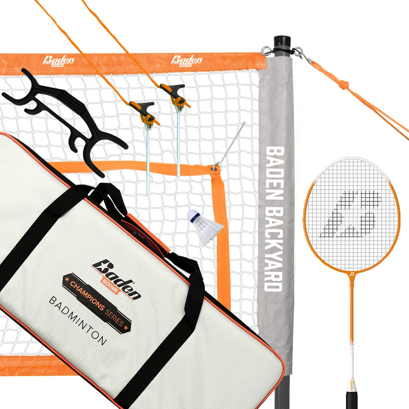 Baden | Champions | Portable Badminton Set | Regulation Net + 3 Shuttlecocks + 4 Racquets + 1 Boundary + 1 Carry Bag | Orange/Gray