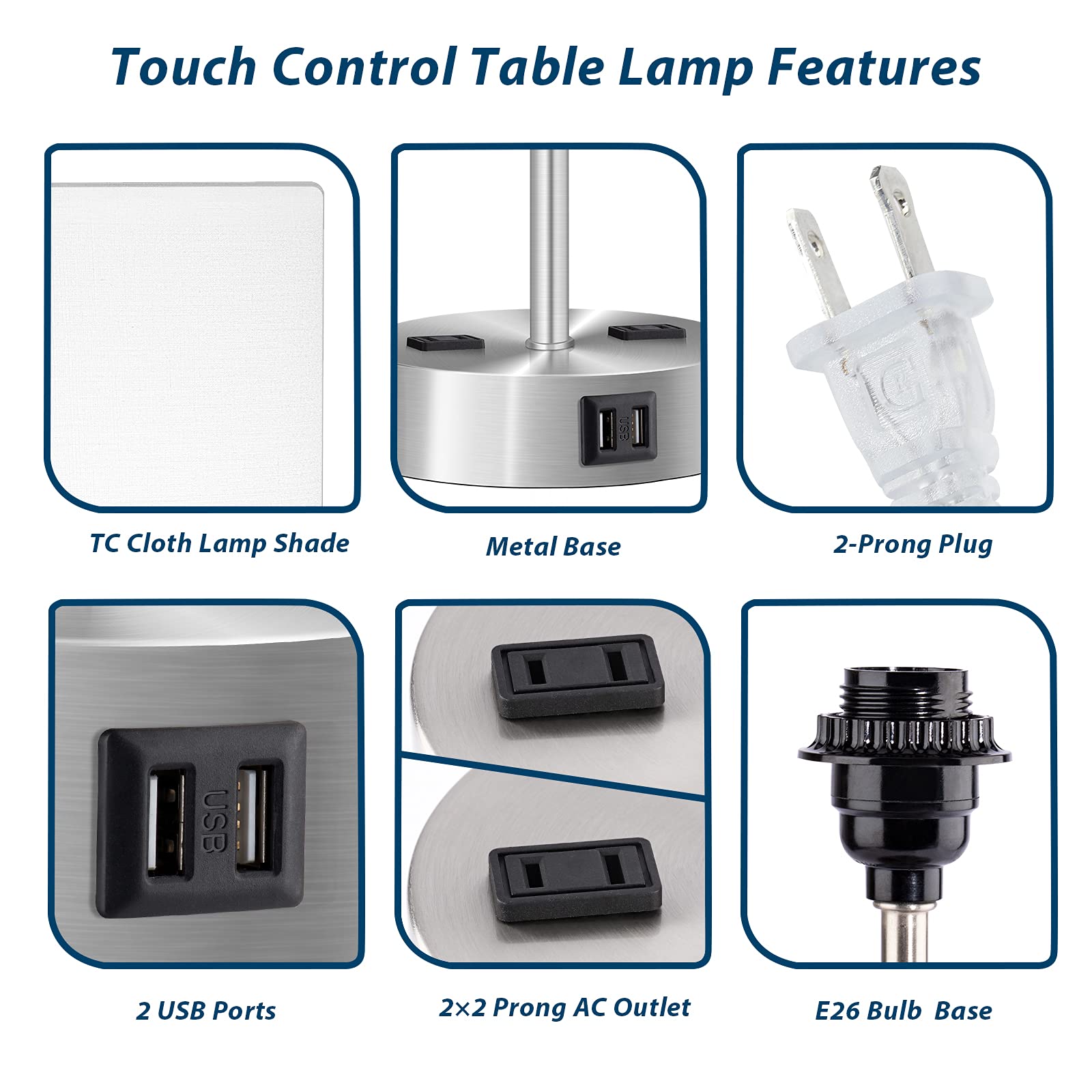 Touch Control Table Lamp, 3-Way Dimmable Bedside Nightstand Lamp with 2 USB Ports & 2 AC Outlets, Modern TableTop Lamp with 60W Equiv 5000K Daylight LED Bulb, Desk Lamp for Bedroom Living Room