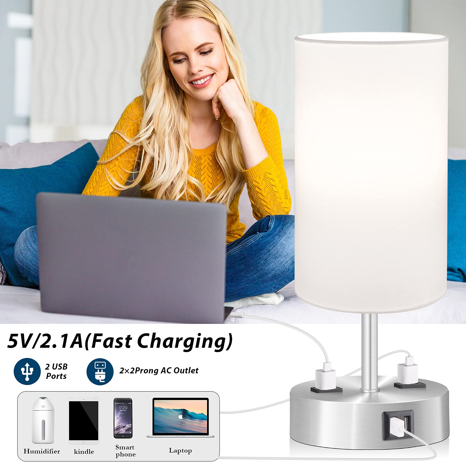 Touch Control Table Lamp, 3-Way Dimmable Bedside Nightstand Lamp with 2 USB Ports & 2 AC Outlets, Modern TableTop Lamp with 60W Equiv 5000K Daylight LED Bulb, Desk Lamp for Bedroom Living Room