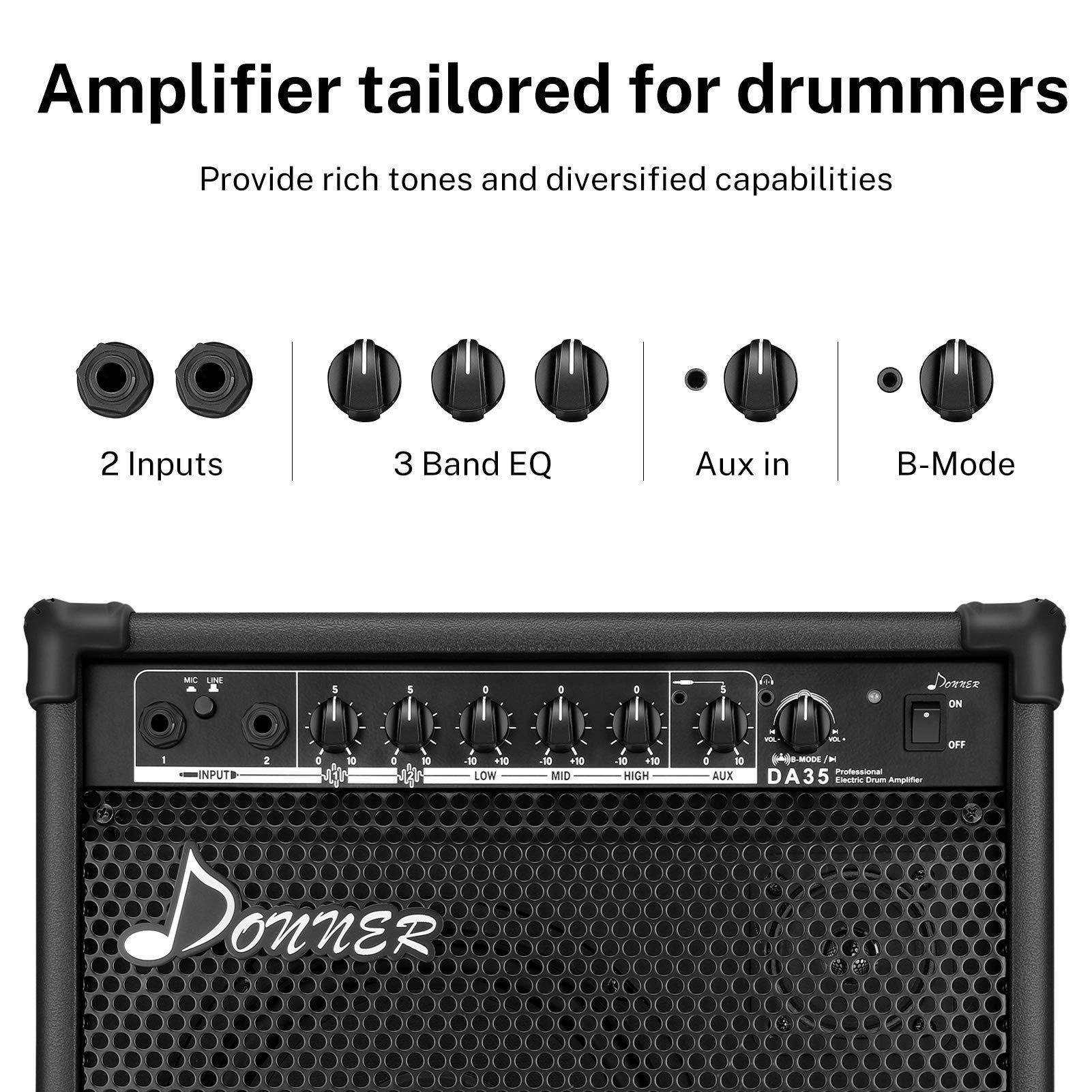 Donner Electric Drum AMP 35-Watt Electronic Drum Amplifier DDA-35 Keyboard Speaker with Aux in and Wireless Audio Connection, Drum/Keyboard/MIC 3 in 1 Amplifier with 3-Band EQ and DI Out