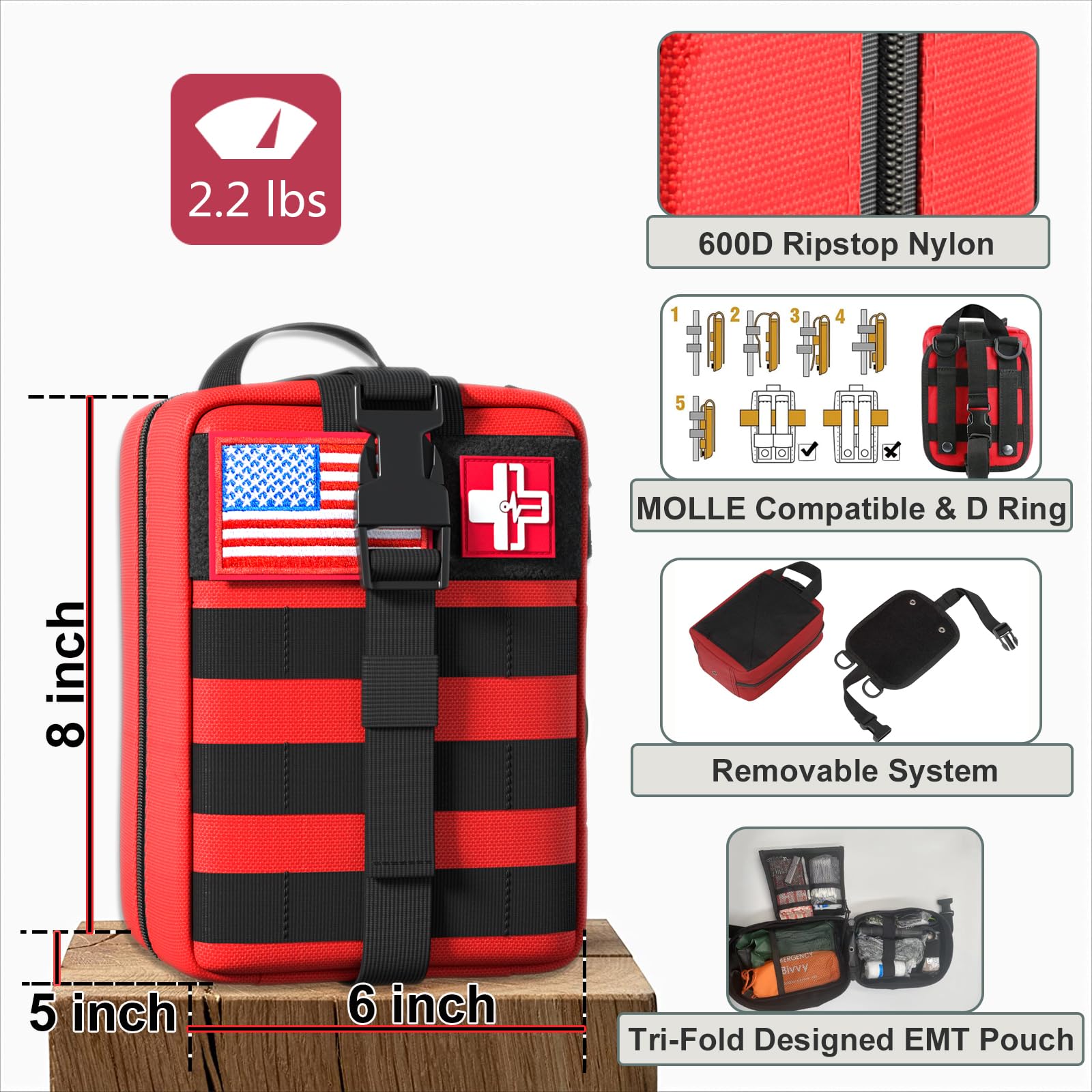 [2024 Upgrade] First Aid Kit,Survival Gear Outdoor Tactical Gear Set Military Grade Molle System for Camper Travel Hunting Hiking and Adventures（RED）